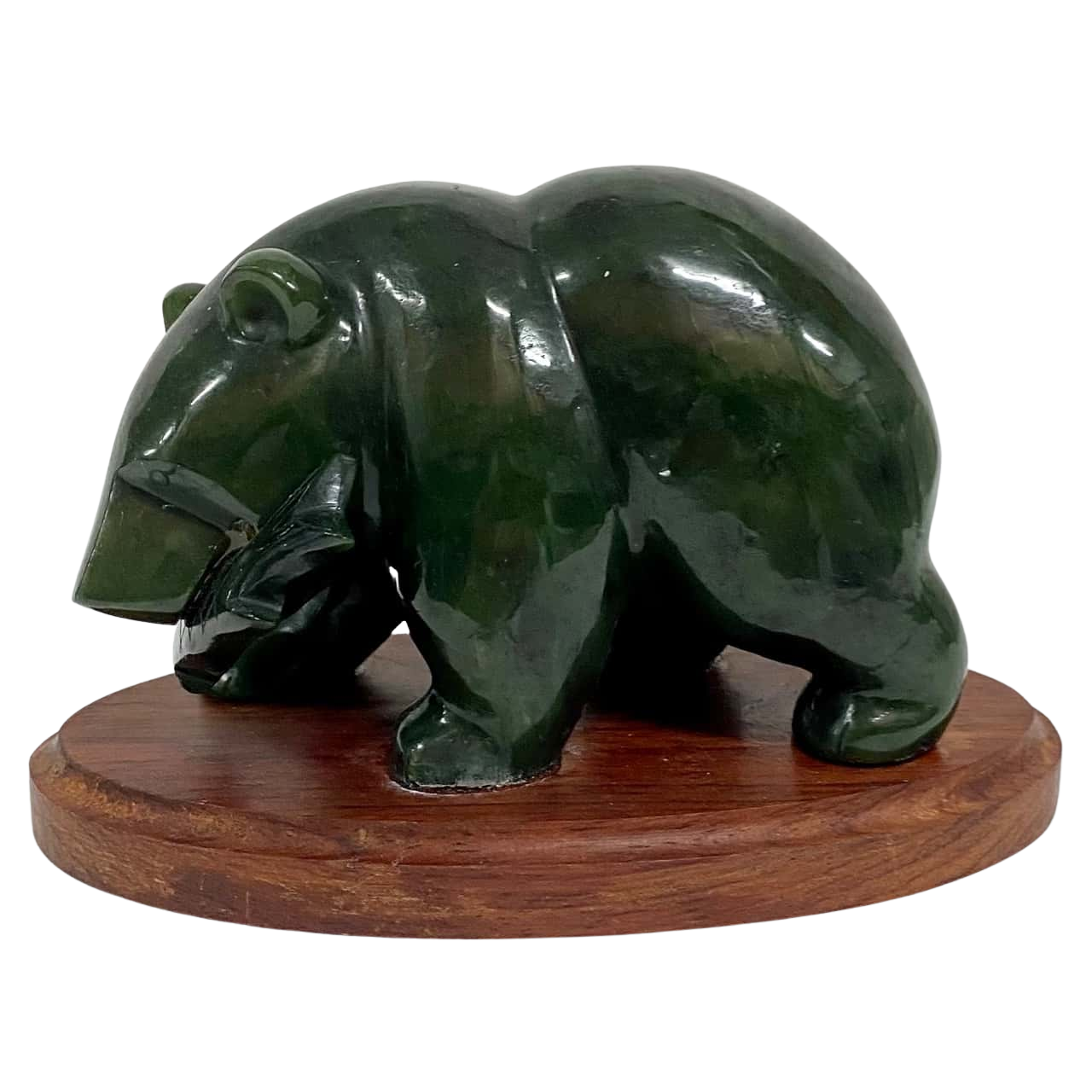 Alaskan Nephrite Jade Bear with Fish Mounted on Wood -Weighs 1Kg(s)