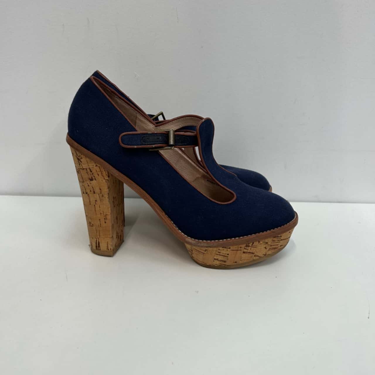 Gorman Size 40 Navy Blue, cork platform heels