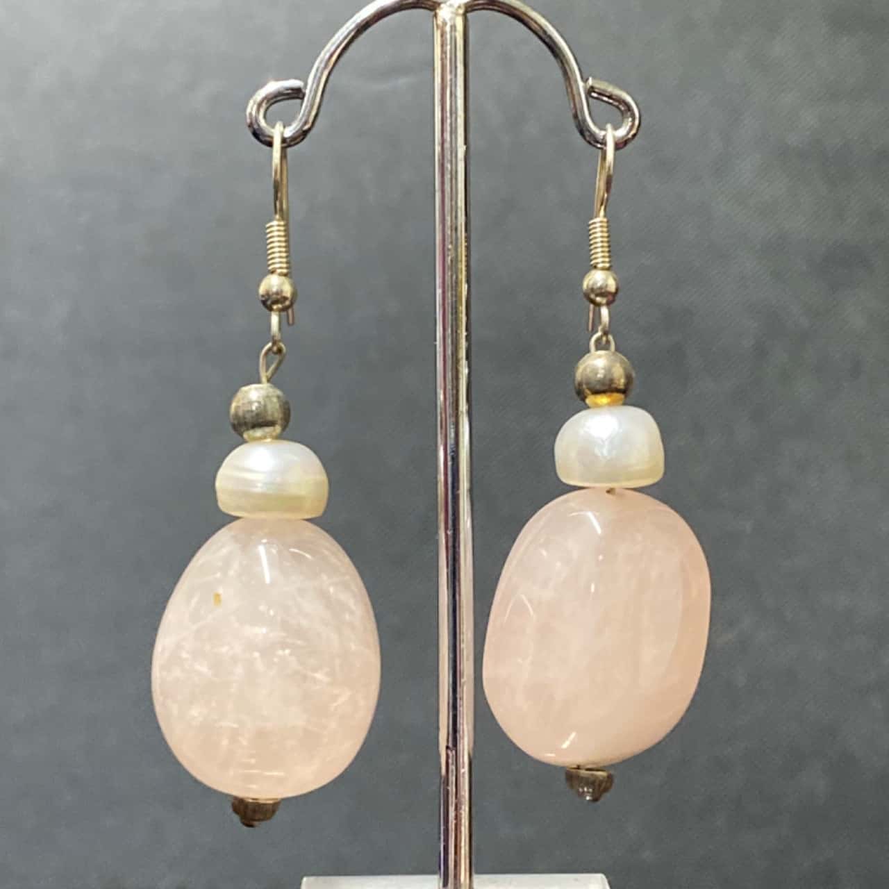 Freshwater Pearl & Rose Quartz Bead Silver Tone Drop Earrings (s)