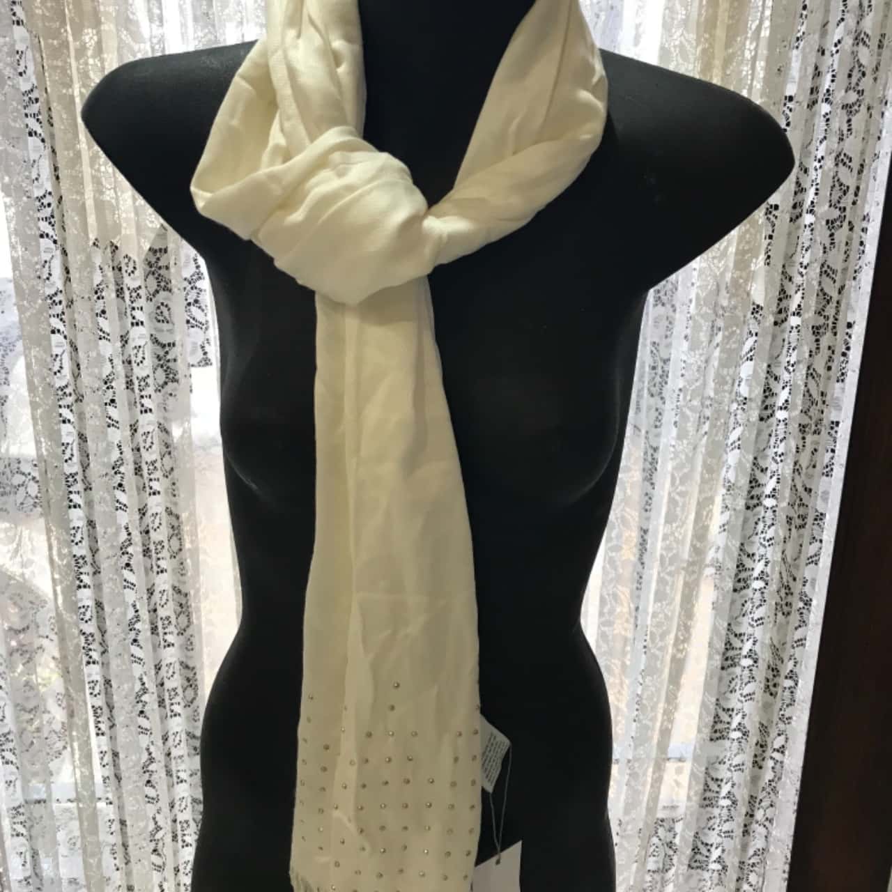W.Lane Womens White Diamanté Border Scarf