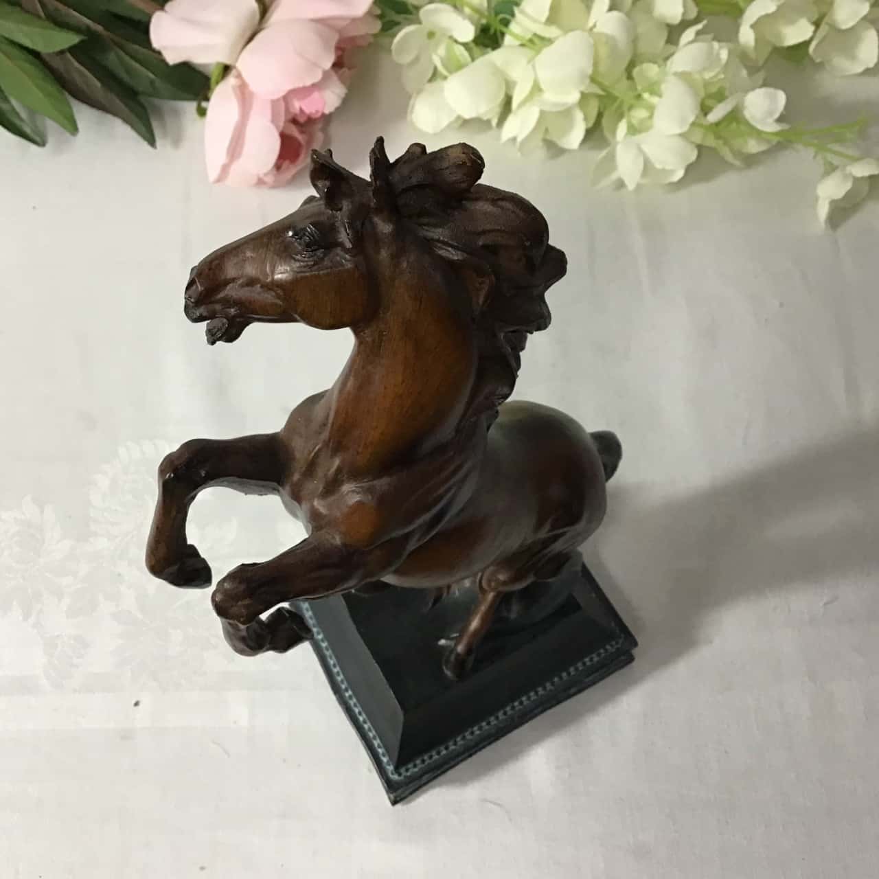 Brown Rearing Horse Statue on Pattern Black Stand(s)