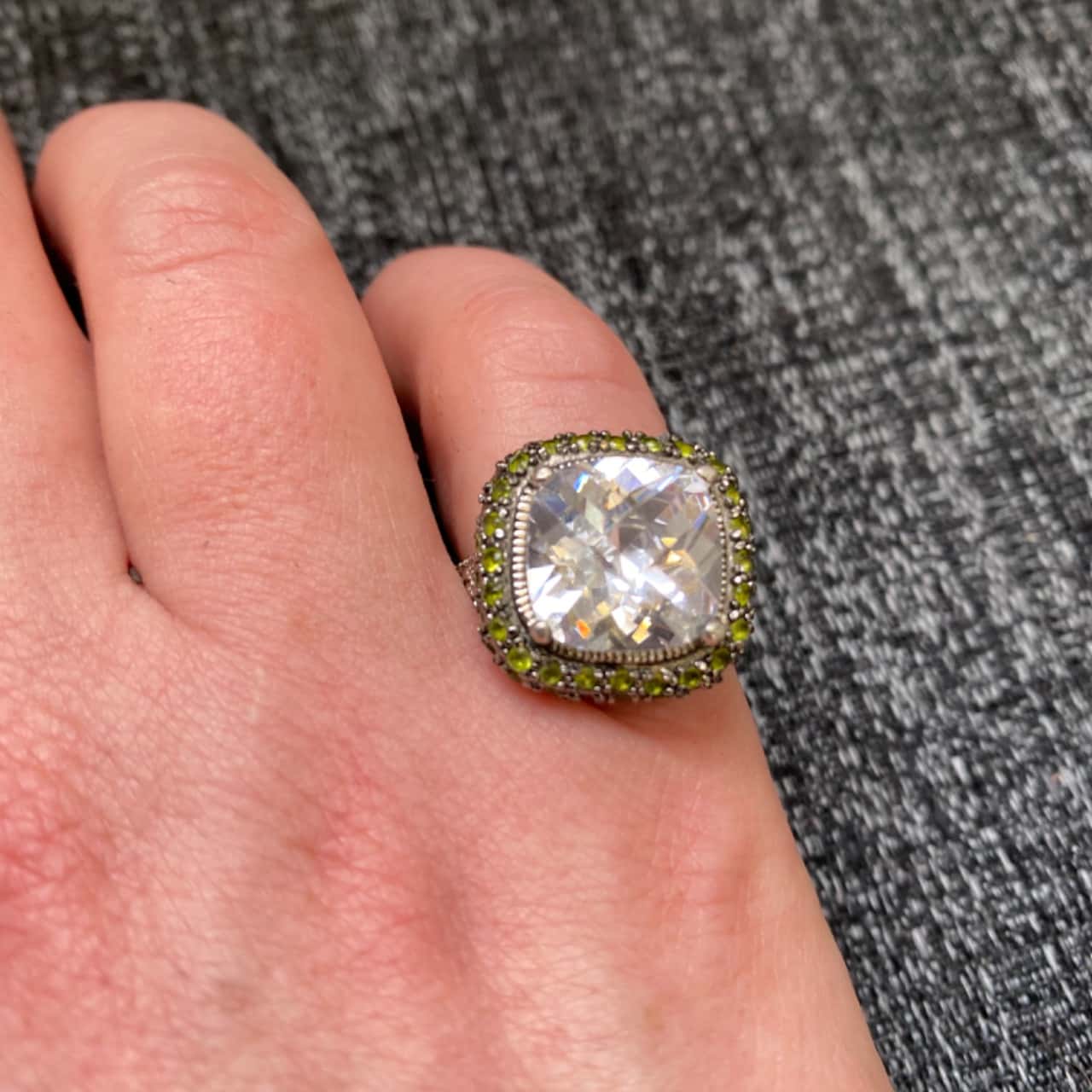 Stamped Silver Ring with Large Faceted Crystal Cabochon(s)