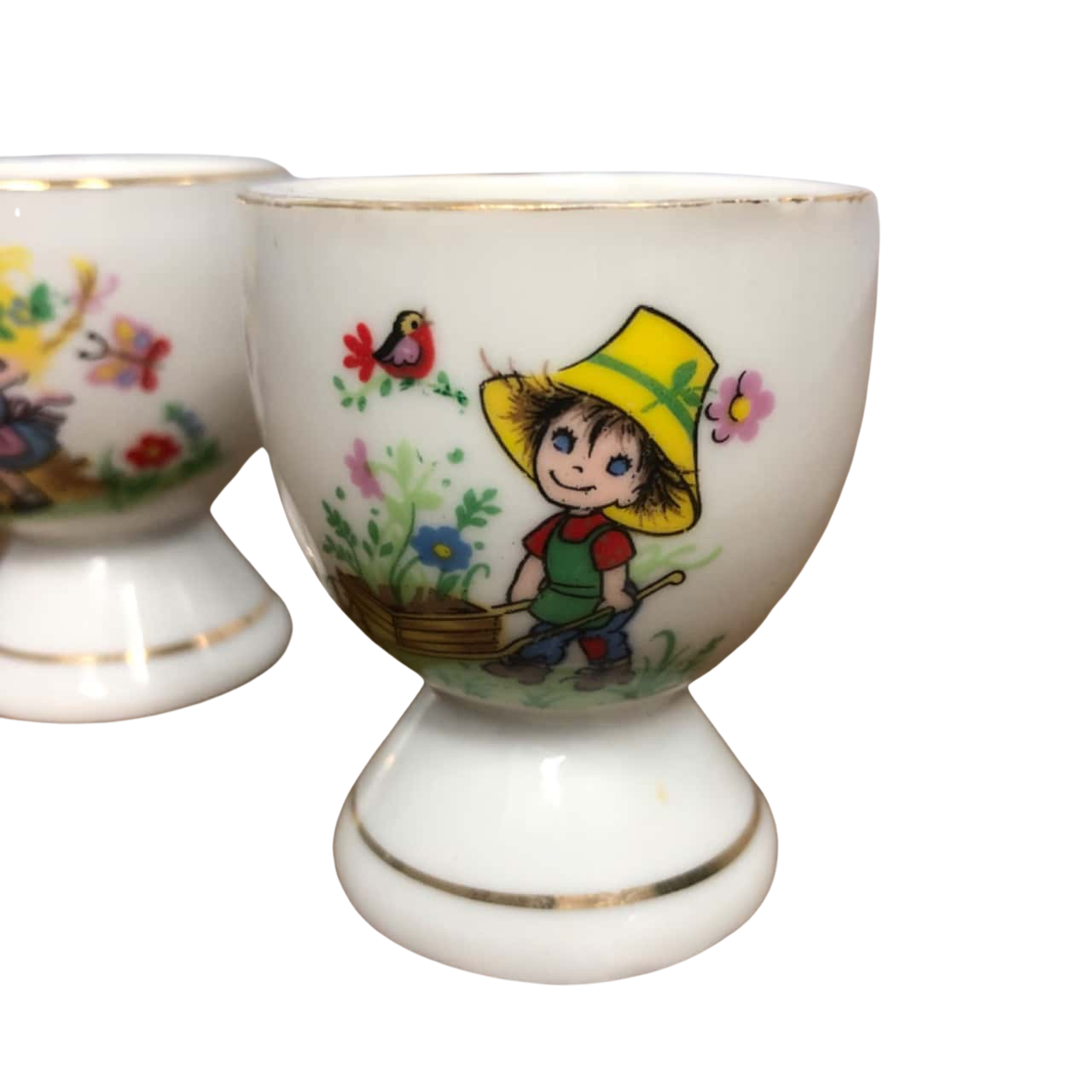 SALE! Vintage Girl & Boy ceramic egg cups with gold trim(s)