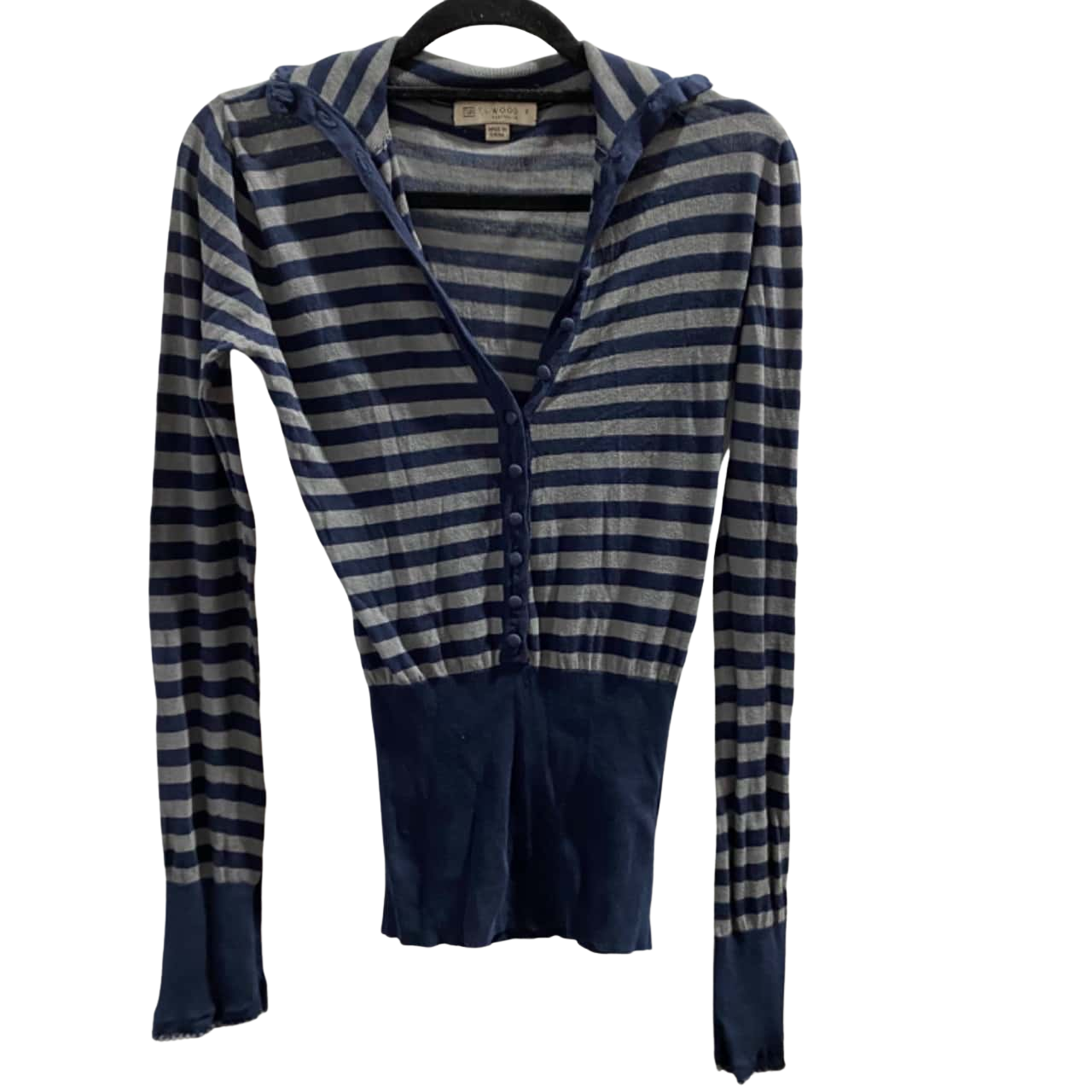 T. L. Wood. Womens Size 2. Jumper in Grey & Navy Blue Stripe.-1669166