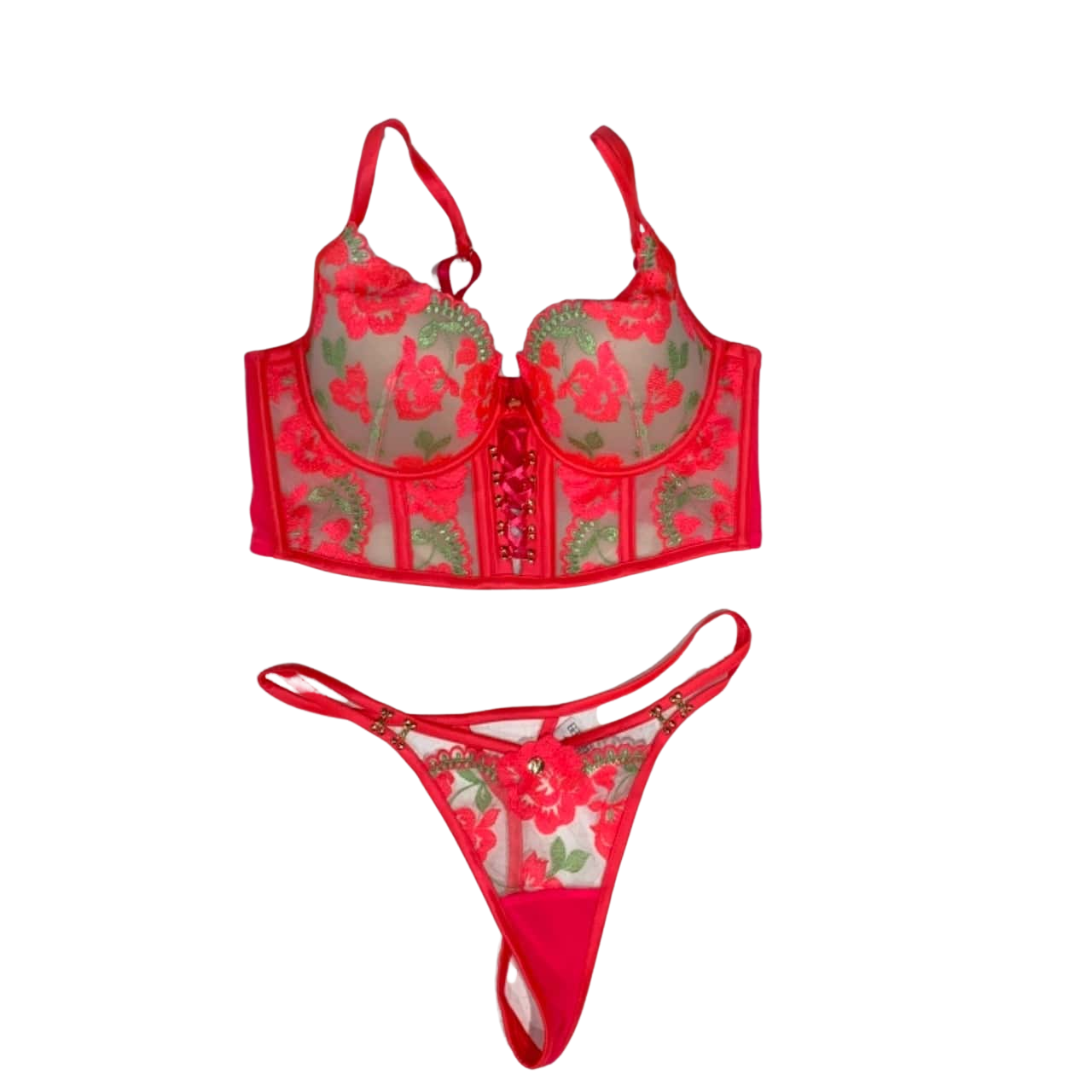 Bras N Things Hot Pink Floral Lingerie Set (Bra Size 12c, Bottoms Size 6)