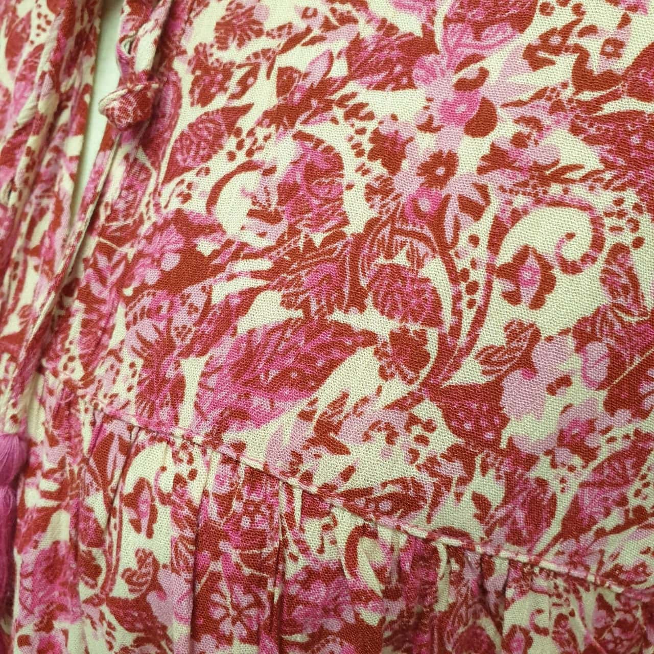 Suzannagray Pinky Red Floral Tie Neck Blouse With Tassel Tie Detail ...