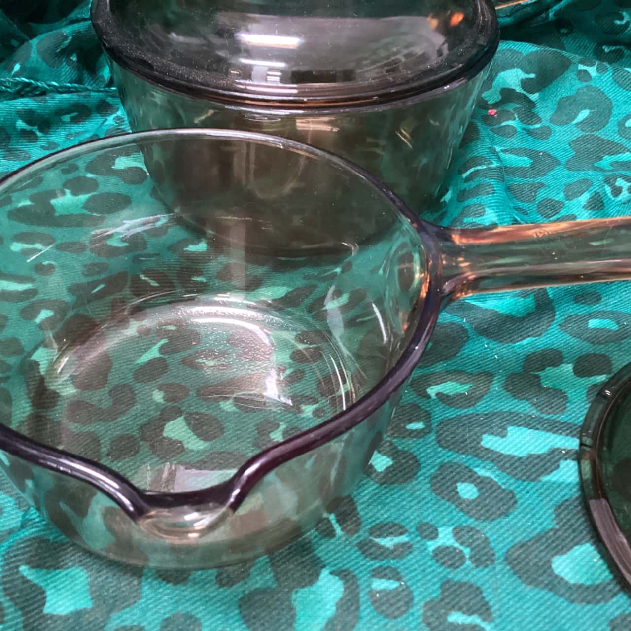 Vintage Corning Vision Amber Glass Saucepans with Lids.