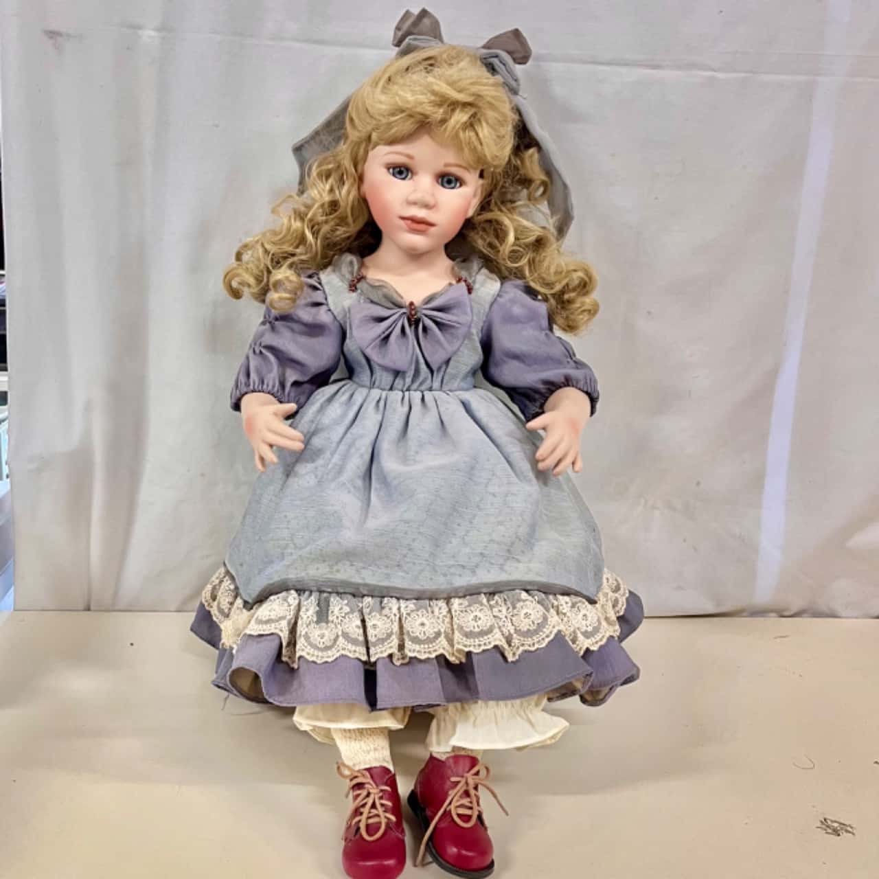 Large 60cm Porcelain Doll with Wooden Stool in Original Box (s)