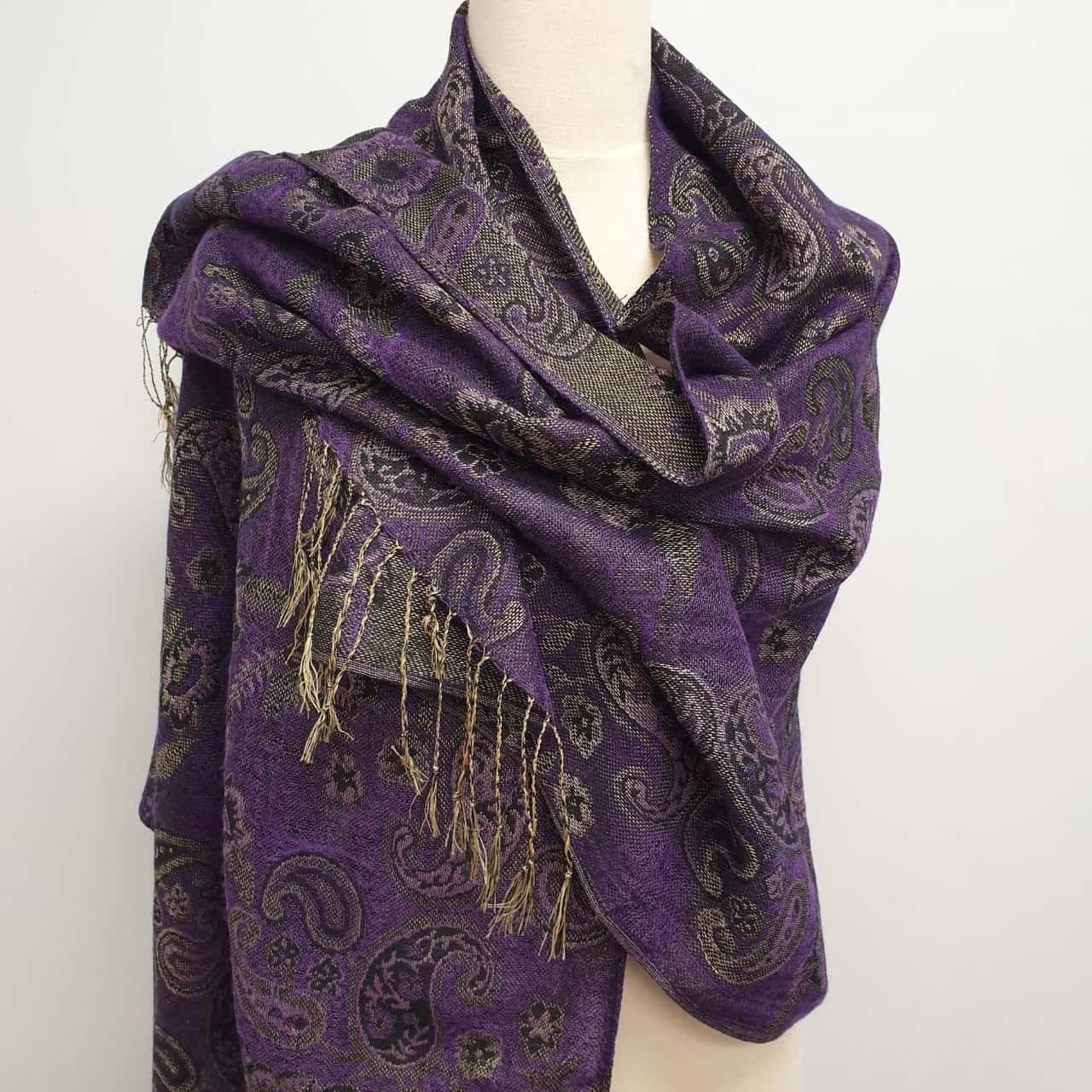 Pashmina Eye Catching Purple & Gold Gorgeous Paisly & Floral Tasselled ...