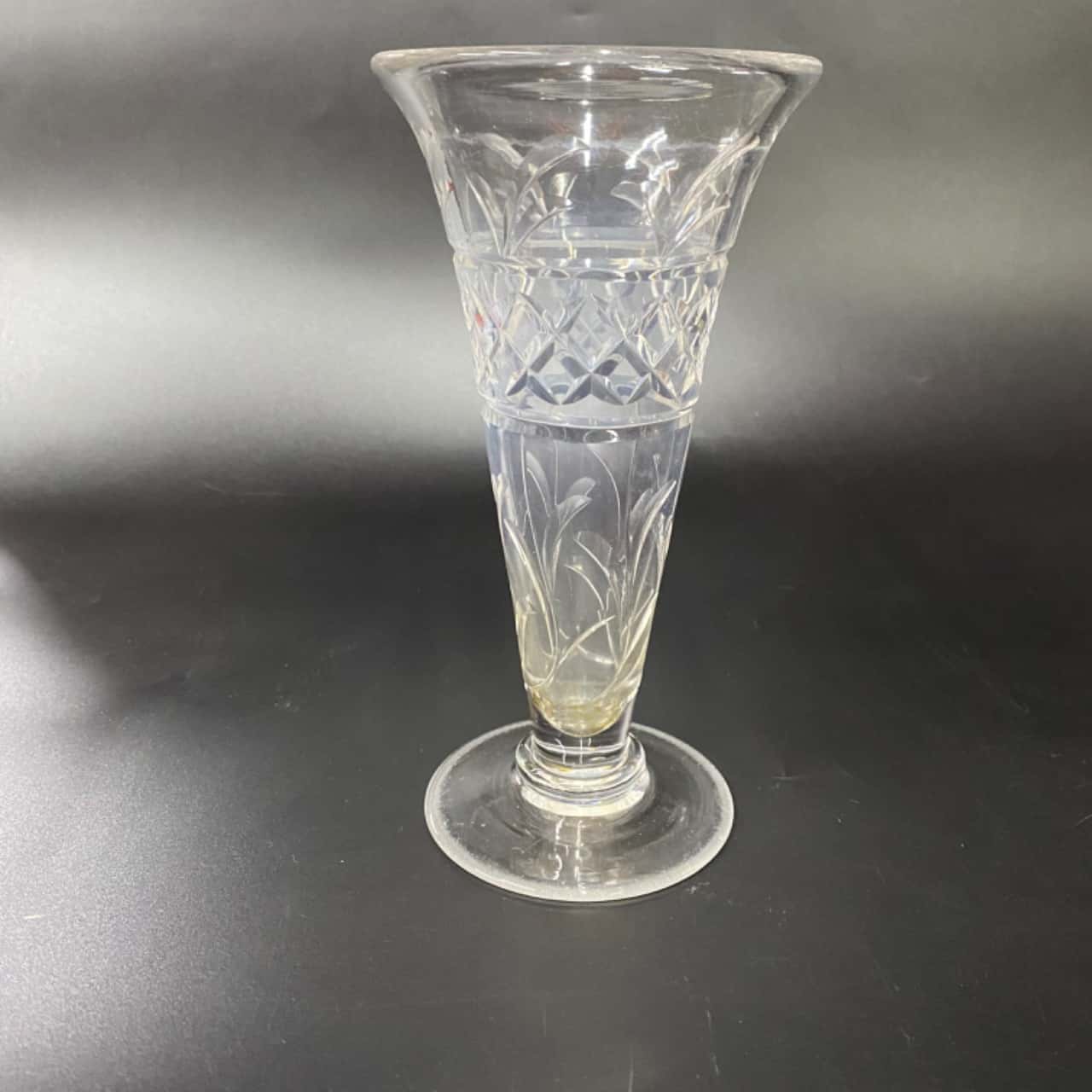 ‘Stuart’ Pressed Diamond Leaf Pattern Crystal Trumpet Vase