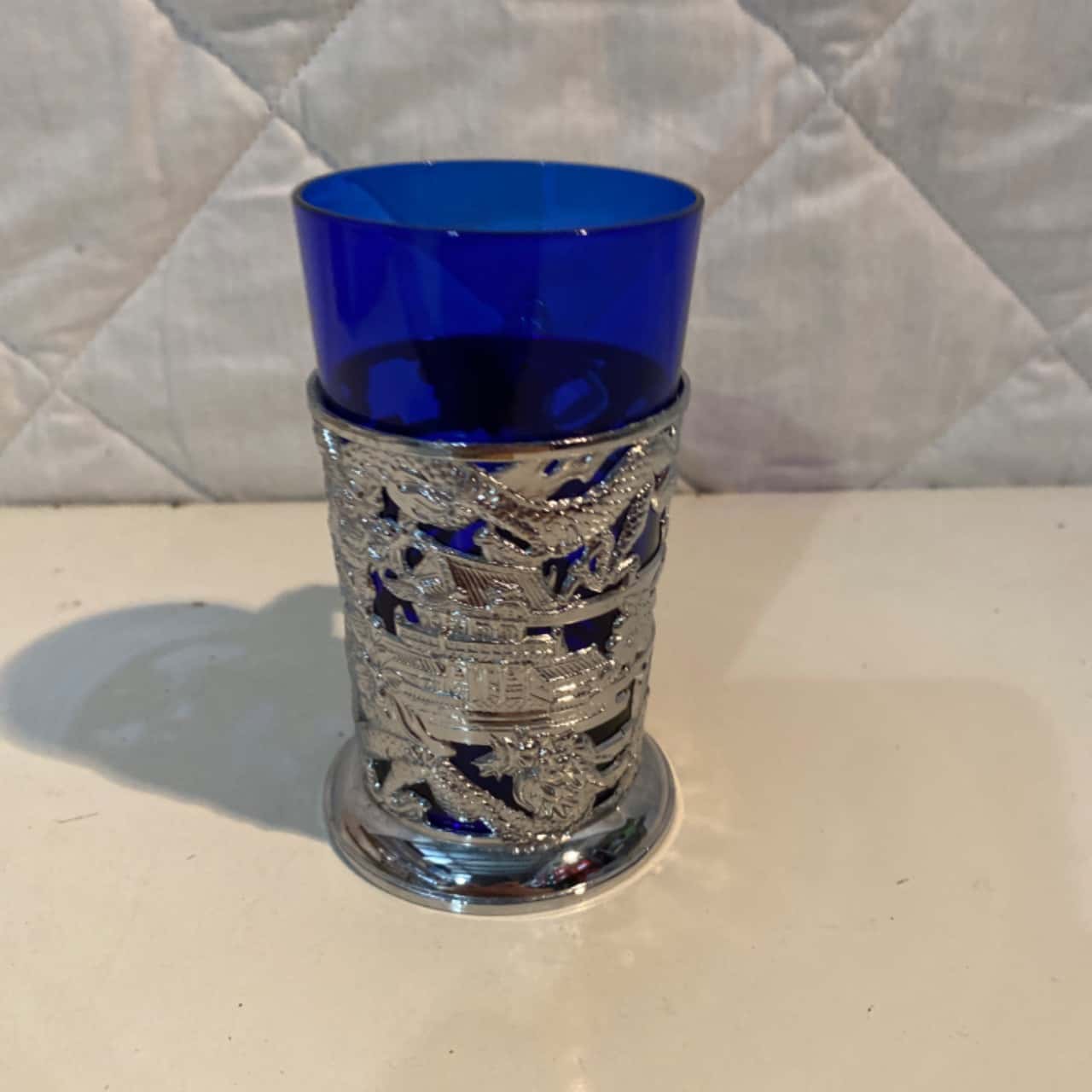 Japanese Chrome Glass Holder with Cobalt Blue insert (s)
