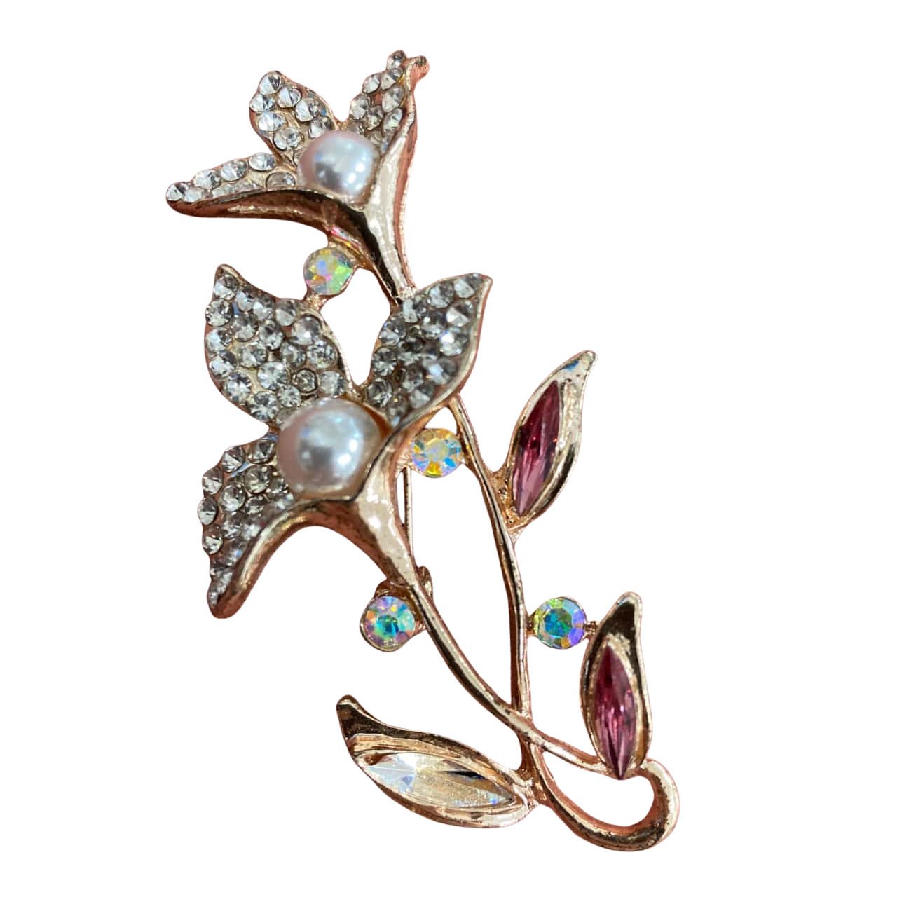 Womens lily Brooch. Rose gold coloured metal with rhinestones.