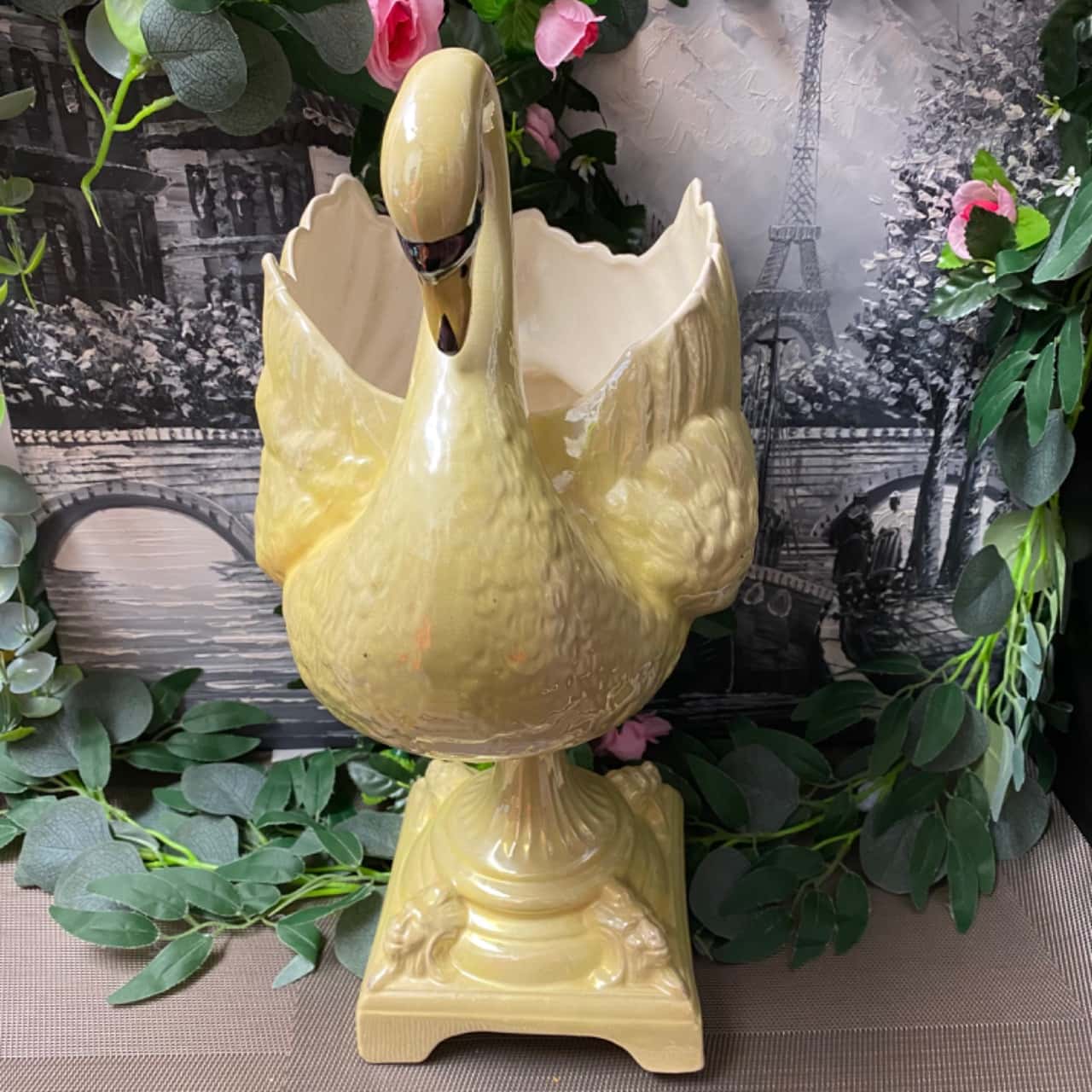 Stunning Vintage yellow swan on planter with stand(s)