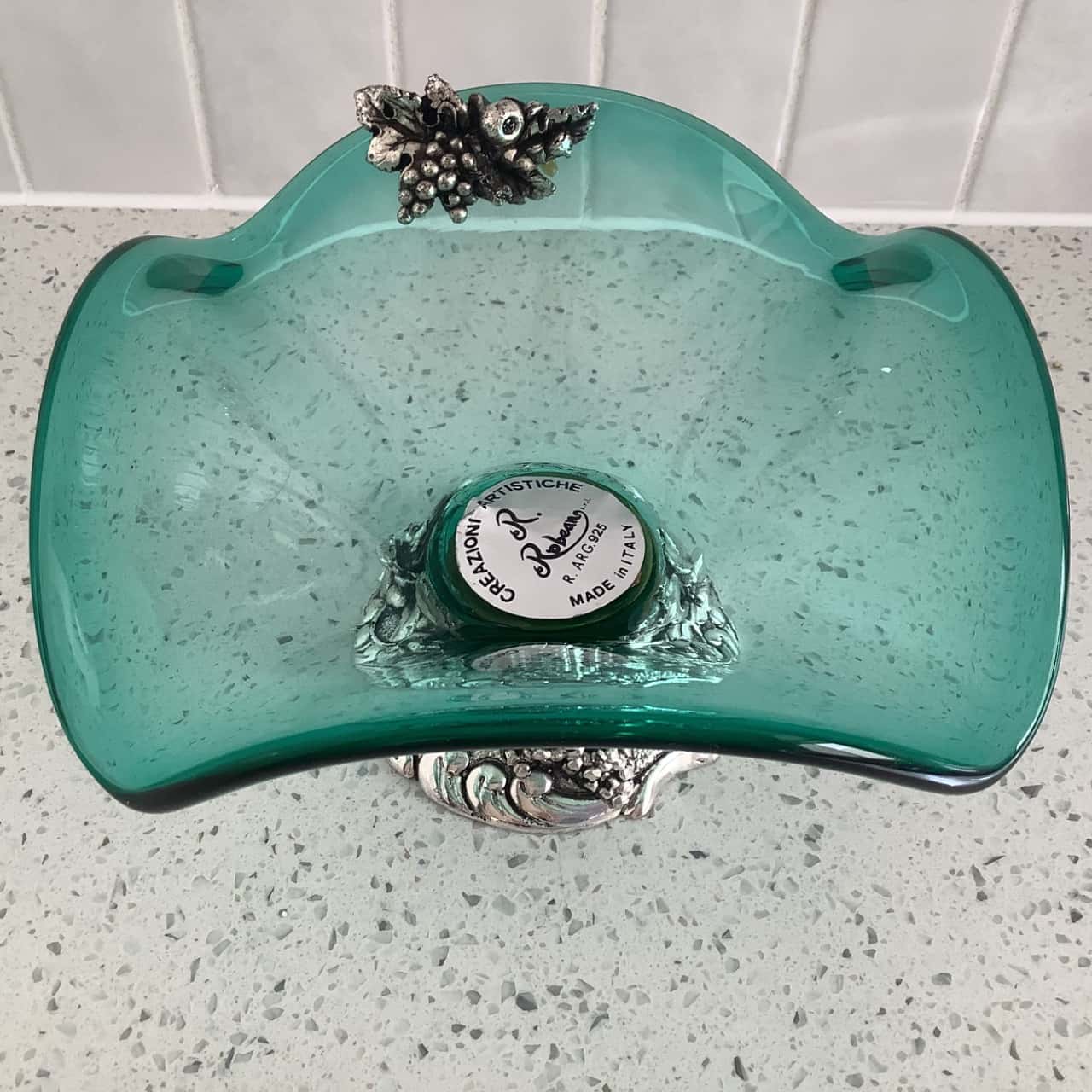 Creazioni Artistiche. Robean. 925 Silver Pedestal Green Glass Bowl. (s)