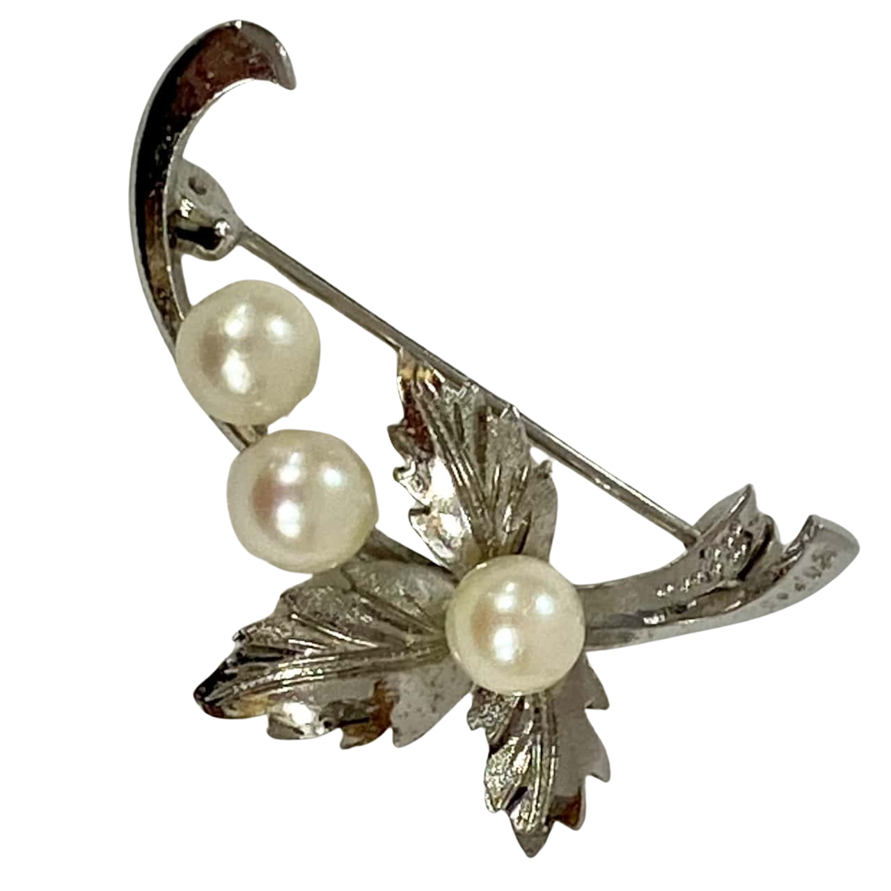 Silver Curved Leaf with 3 Pearls Brooch (s)