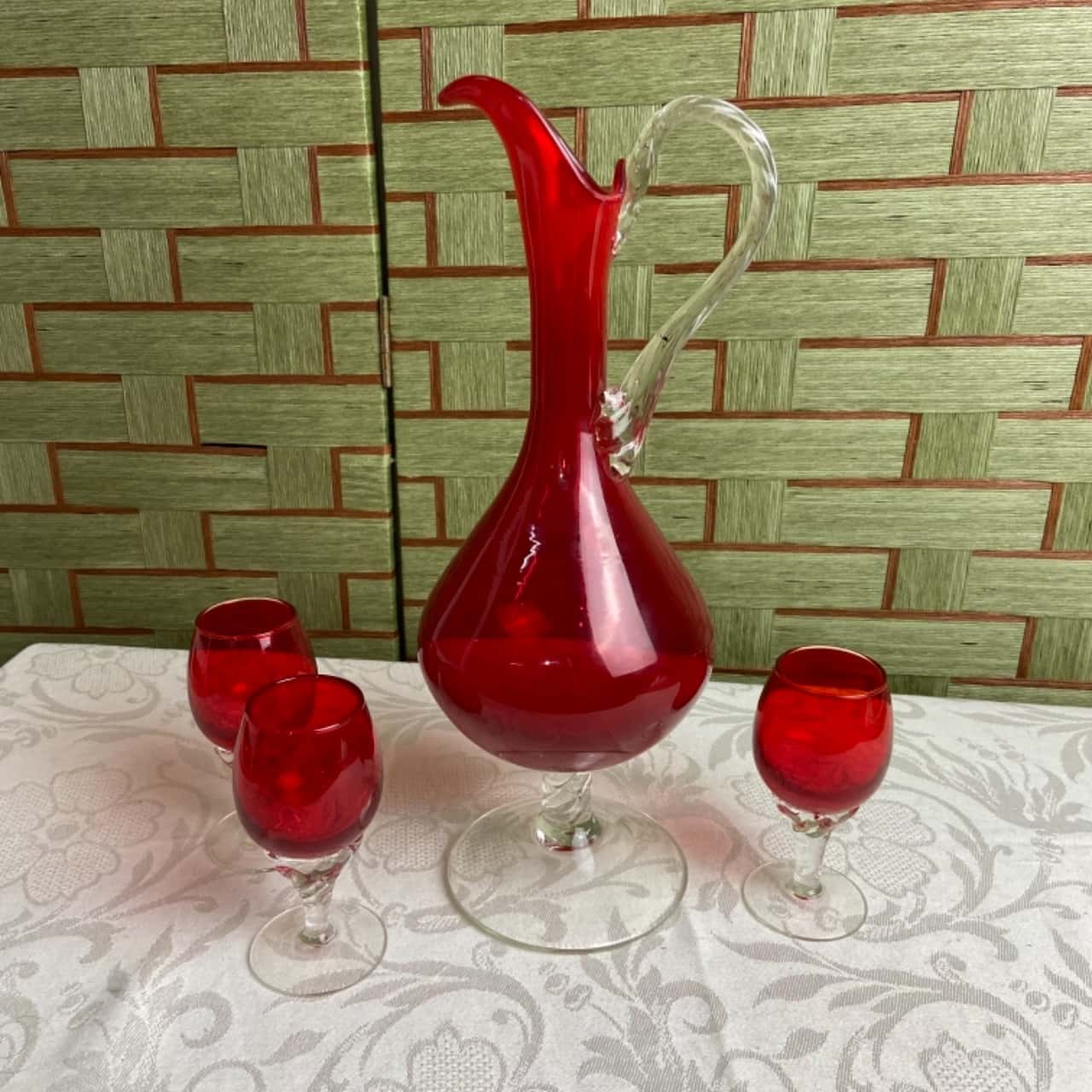 Red glass carafe 1950’s style pitcher and glasses