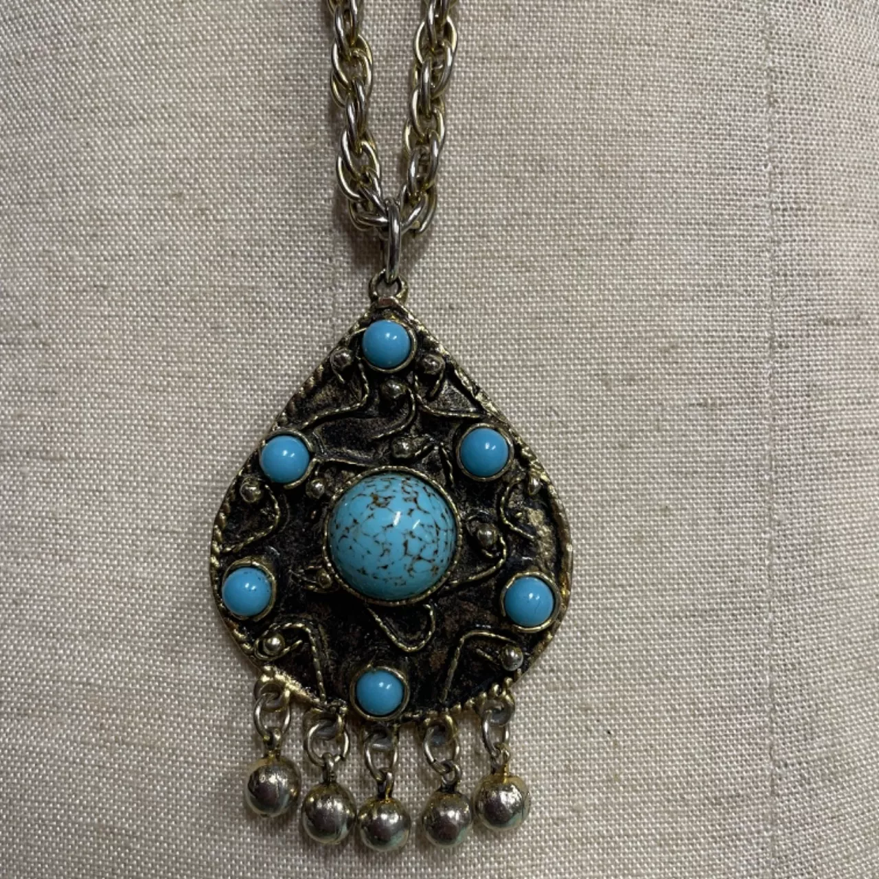 Gold Toned Filigree Pendant With Turquoise Stones Womens - Used Very ...