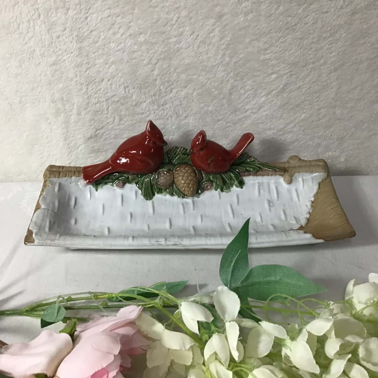 Decorative Brown / White Ceramic Rectangular Dish with Red Birds(s)