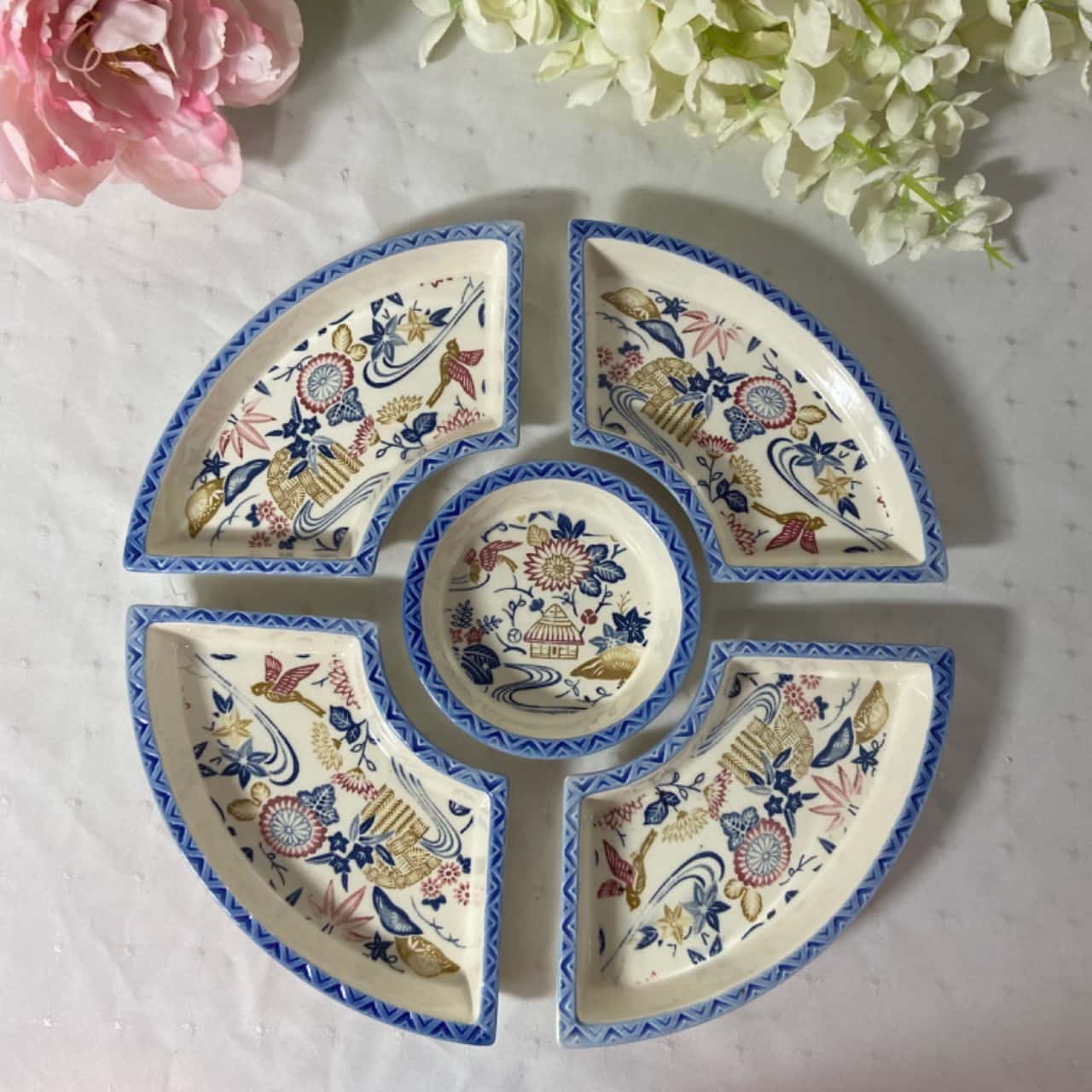 Oriental Design Ceramic 5 Parts Round Divided Condiment Dishes(s)