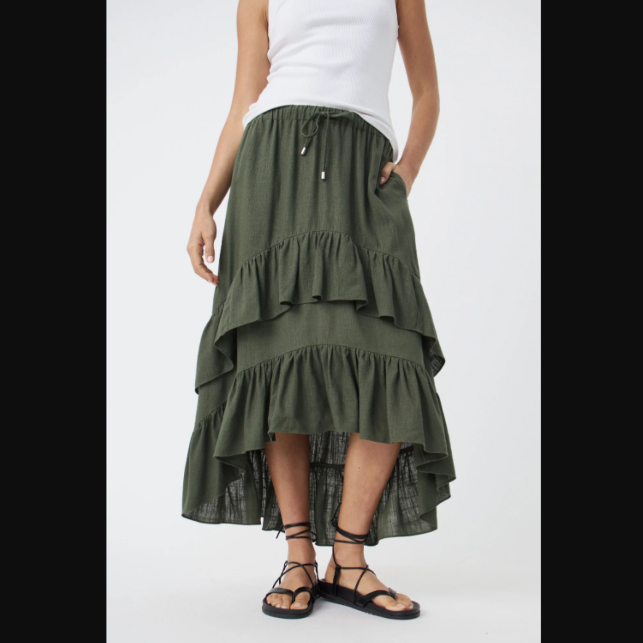 Decjuba BLACK Midi Ruffle Skirt Size 8 / S