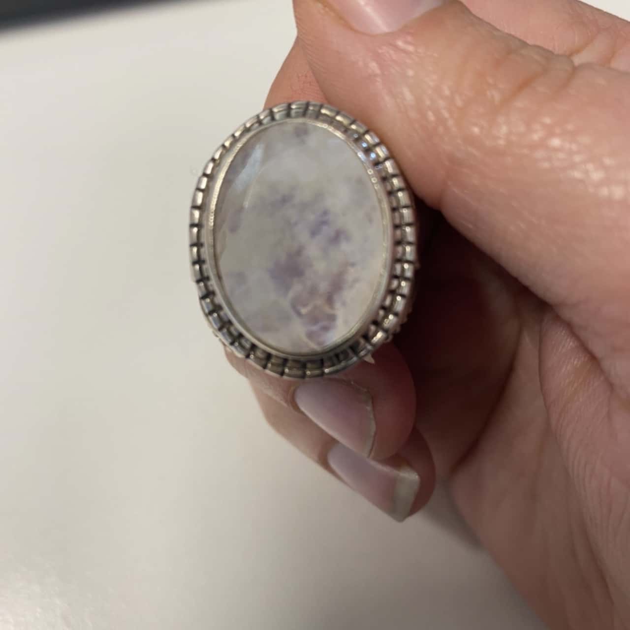 650 Stamped Silver Ring w/Moon Stone (slight crack in stone, please see ...