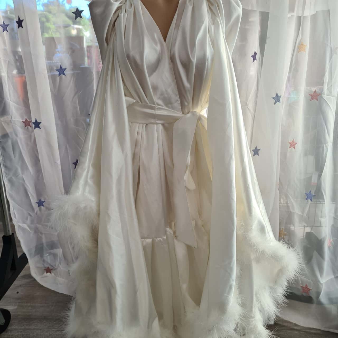 Feather trim satin robe(s)