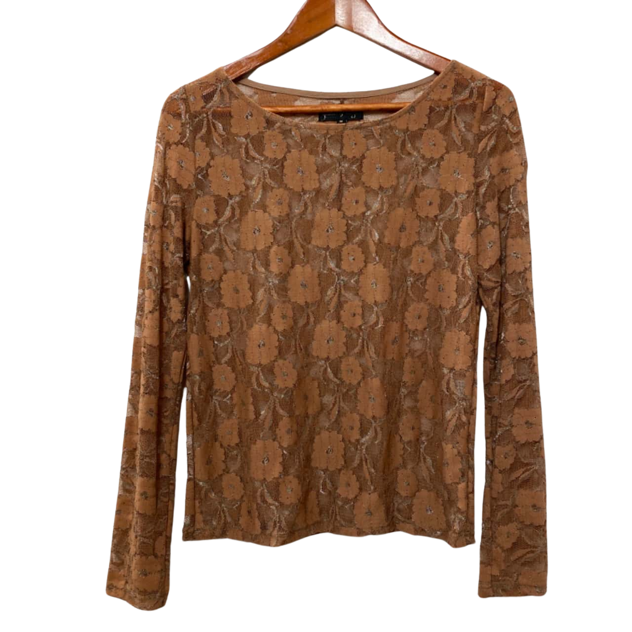 Women’s Goddess of Babylon Size M Long Sleeve Sheer Brown Floral Lace Top