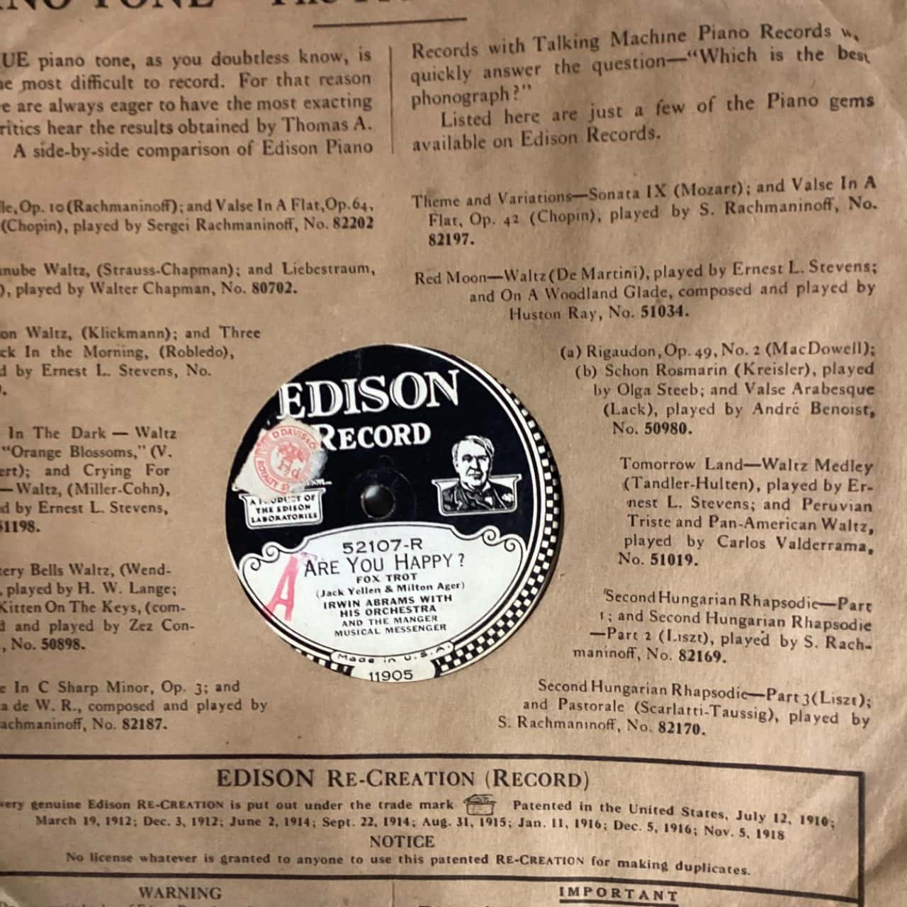 Edison Record Phonograph Record