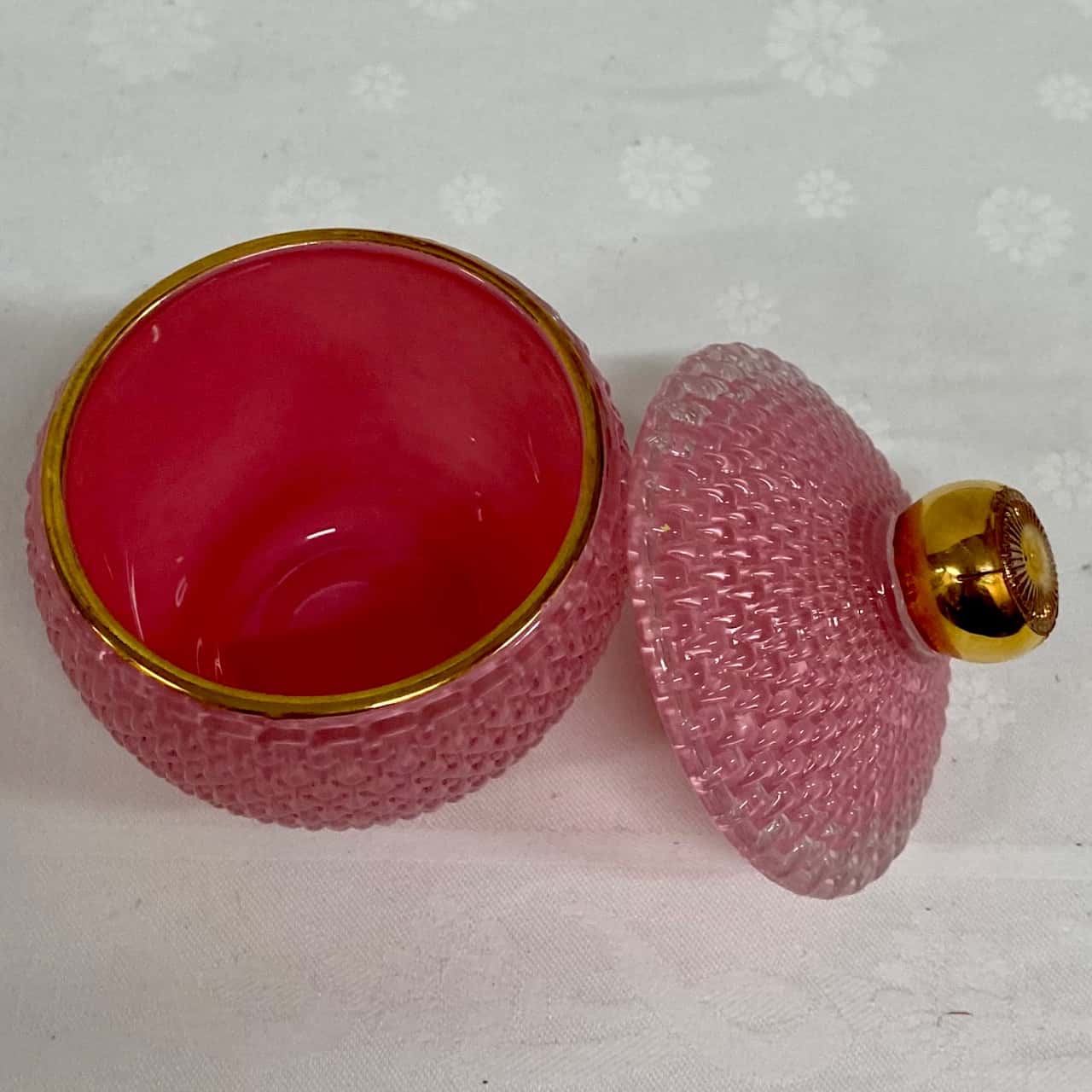 Beautiful Pink Glass Container with Gold Trim
