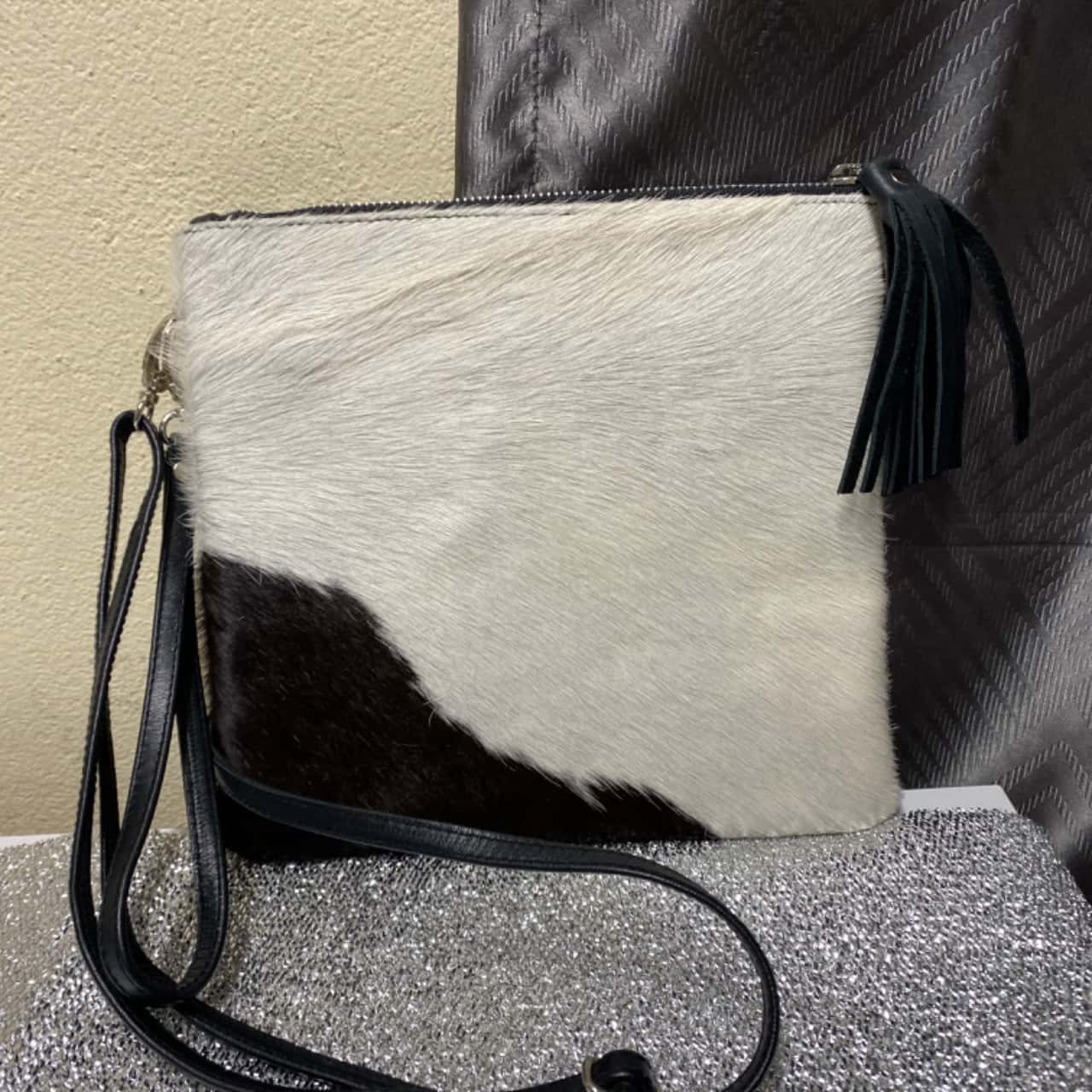 Women's Black and White Animal Hide Bag With Tassel (s)