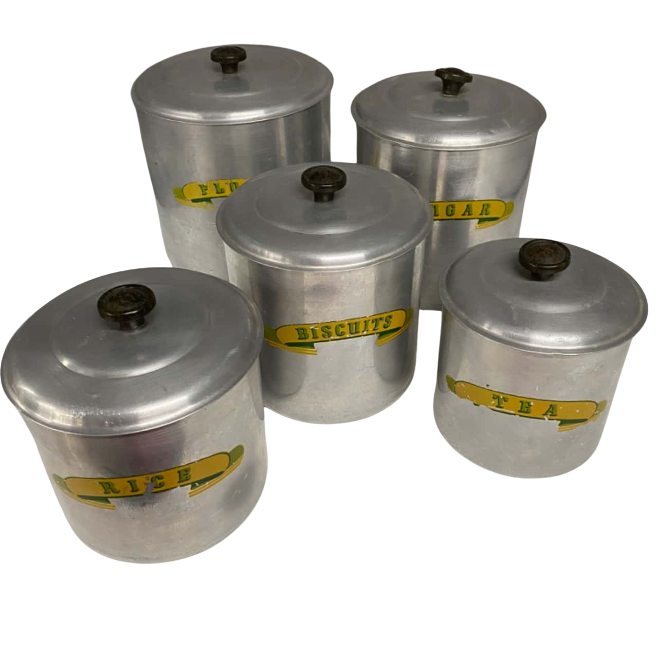 5x Vintage 1940’s ‘Chief’ Graduated Aluminium Canisters with Bakelite ...