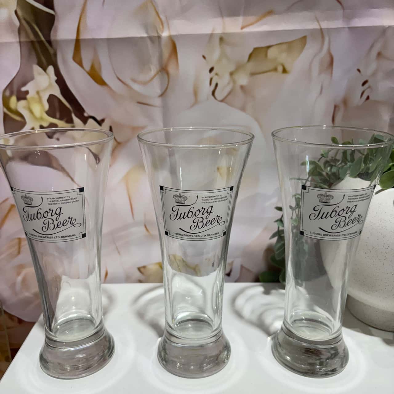 3 x Tuborg Breweries Beer Fluted Beer Drinking Glasses Denmark Collectable