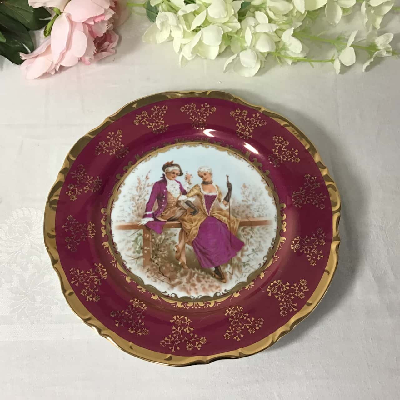 Decorative Maroon / Gold Trim / Courting Couple Round Ceramic ...