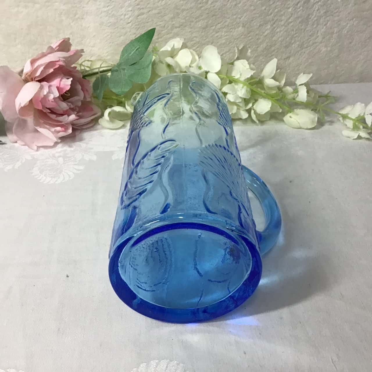 Tall Blue Glass Seashell Pattern Water Jug