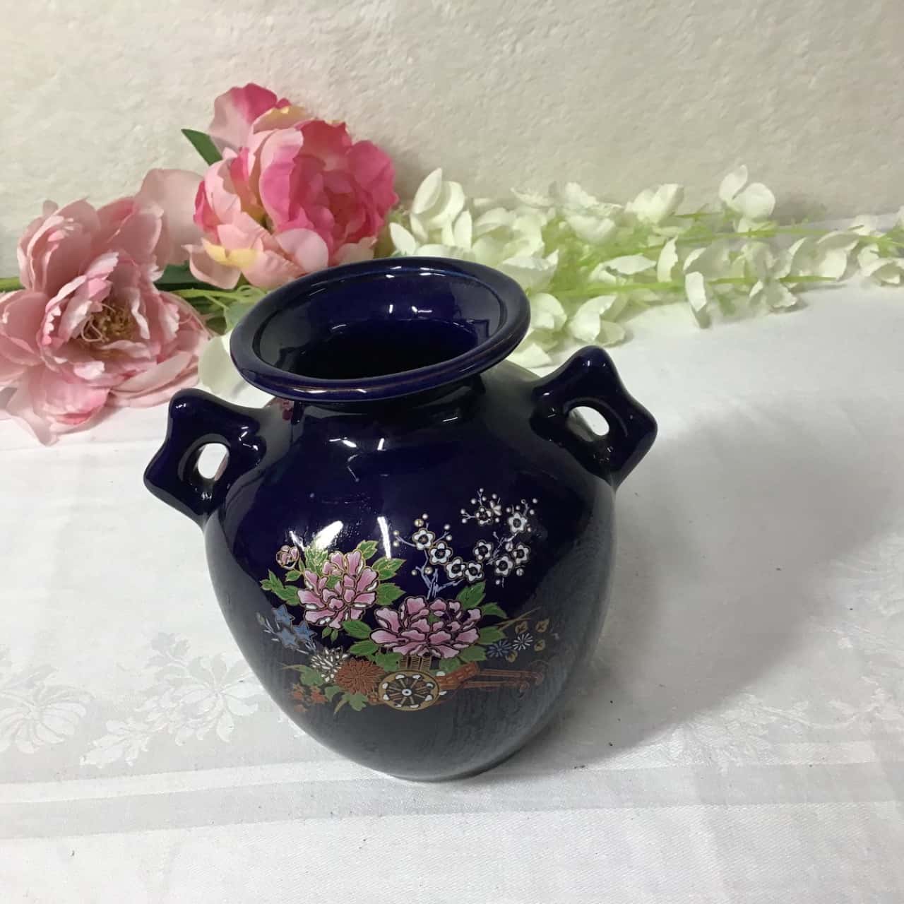 Cobalt Blue / Oriental Flower Pattern Ceramic Urn Vase(s)