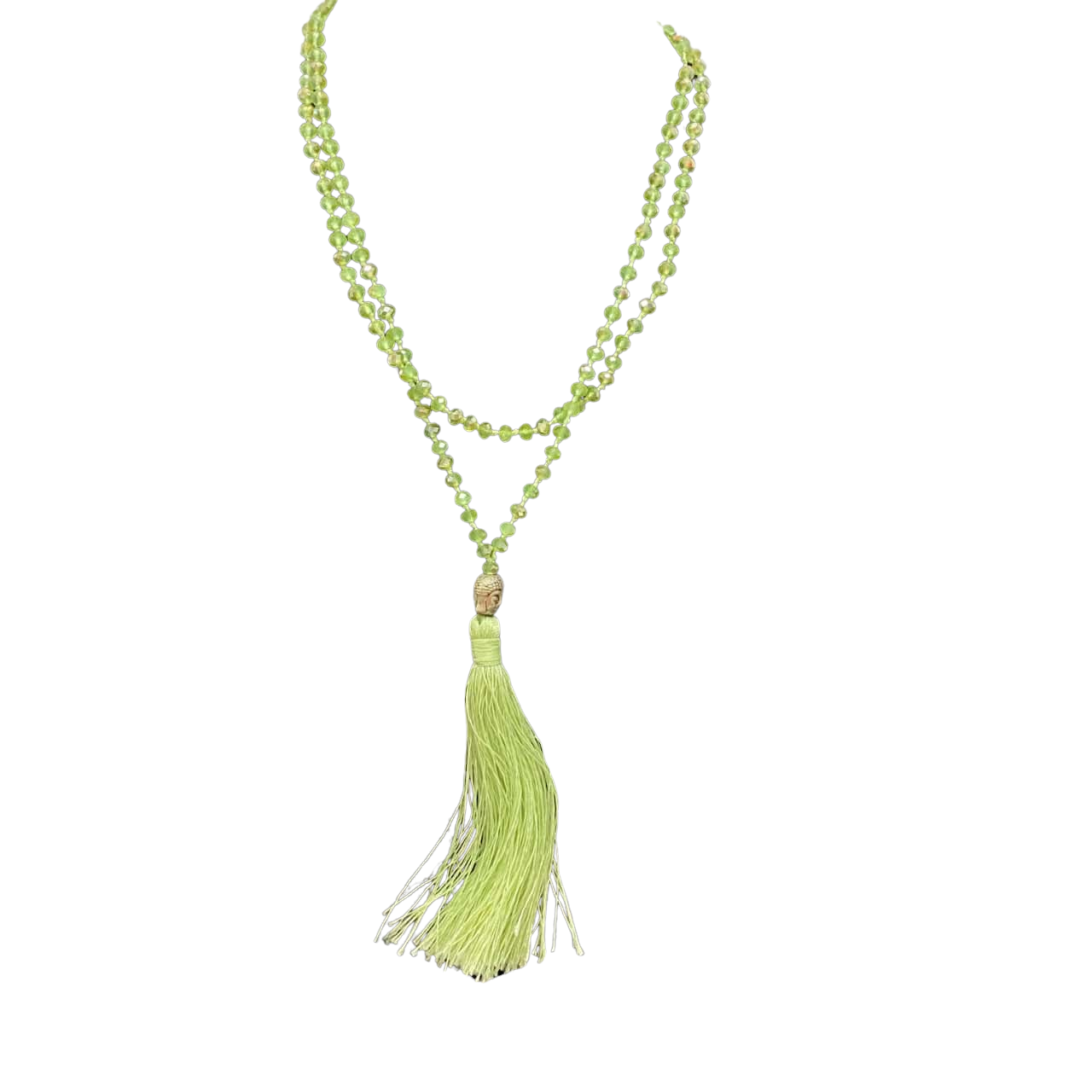 Womens Green Bead and Tassel Necklace With Feature Buddha bead.
