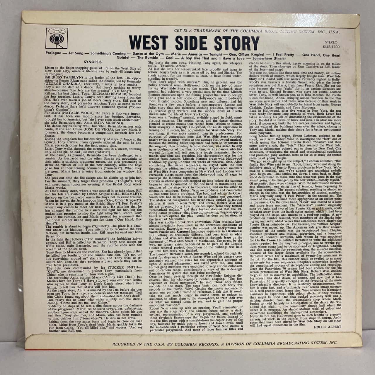 The Original soundtrack recording for the 1961 film West Side Story .Vinyl