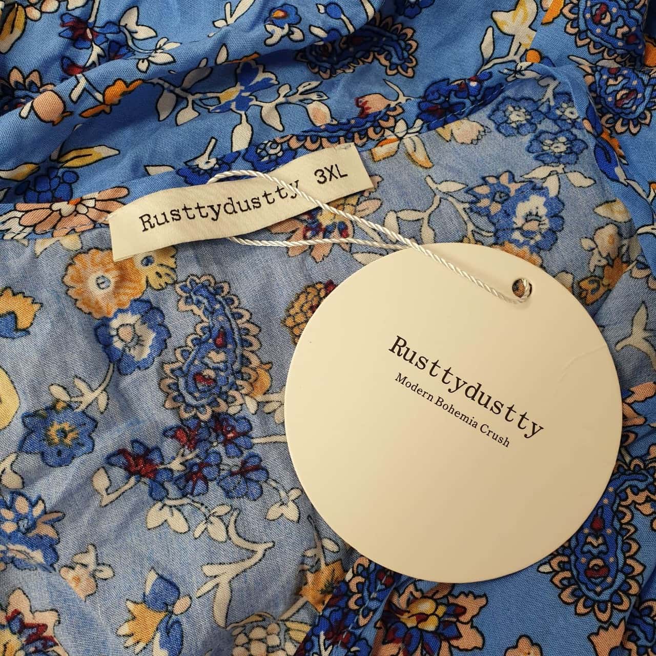 Rusttydustty Sapphire Blue Floral Boho Balloon Sleeve Midi Dress Size ...