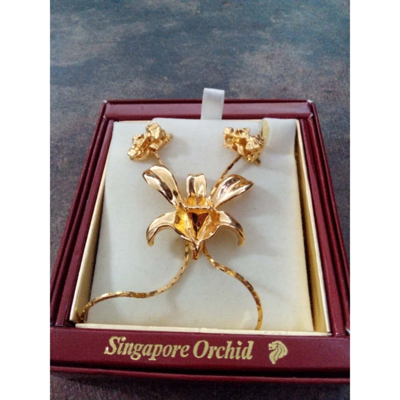 24K Gold Dipped Orchid Necklace & Clip On Earring Set