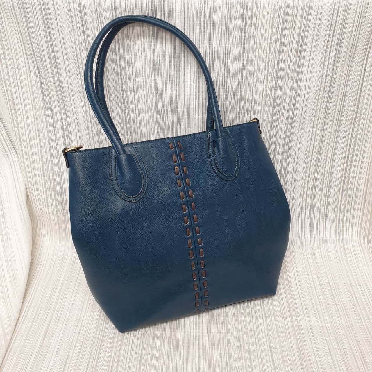 Navy Blue Stylish Deep Well Large Tote Style Shopper Handbag With Brown ...
