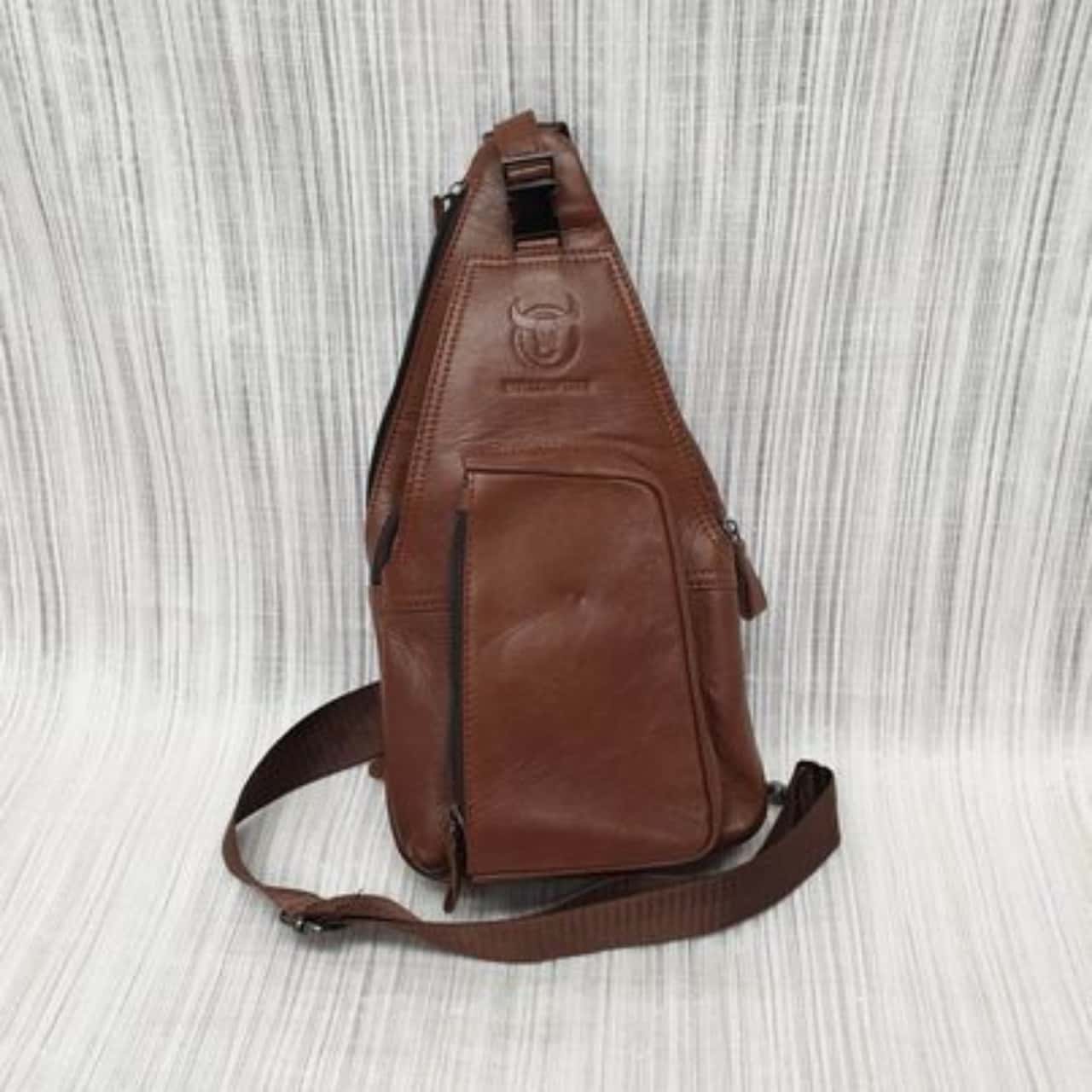 BullCaptain Mens Smart Sling Chest Crossbody Brown Leather Travel Bag ...