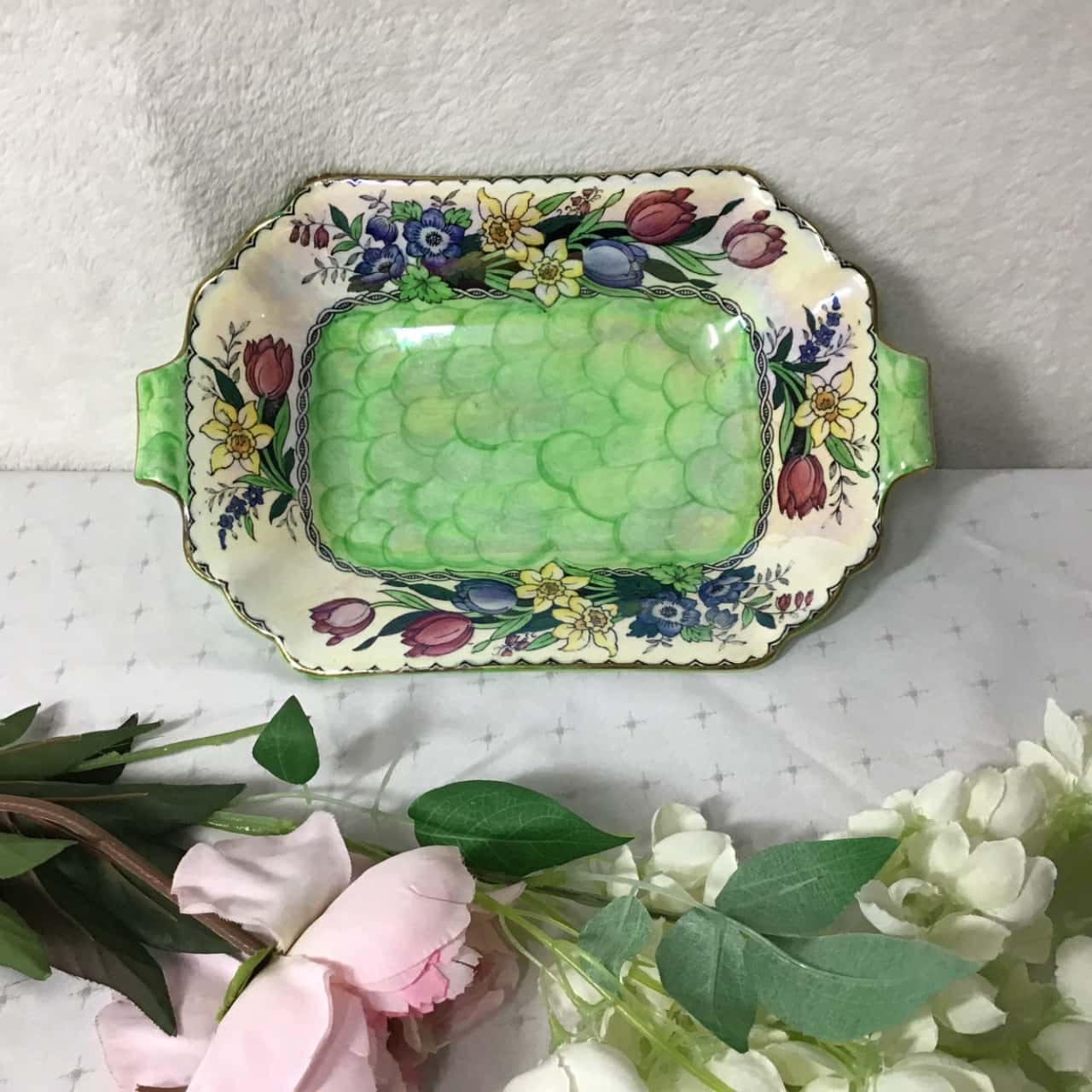 Vintage Maling Green Floral Pattern Decorative Dish with Handles(s)