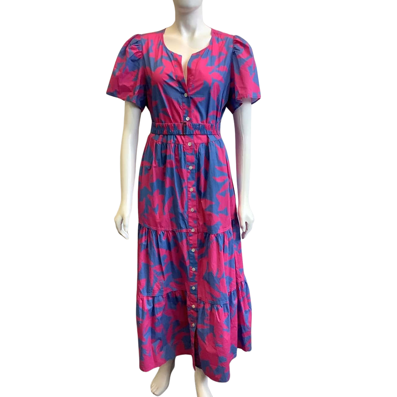 Commonry Women's Size 12 Short Sleeved Belted Maxi Dress Blue and Pink ...