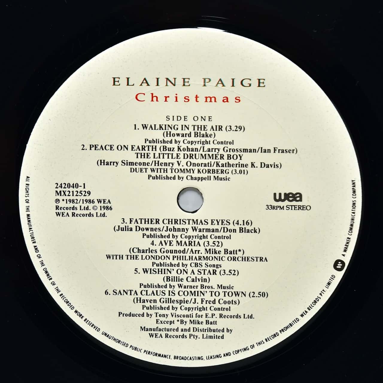 12" Vinyl Record -Elaine Page - Christmas - Released 1986(s)