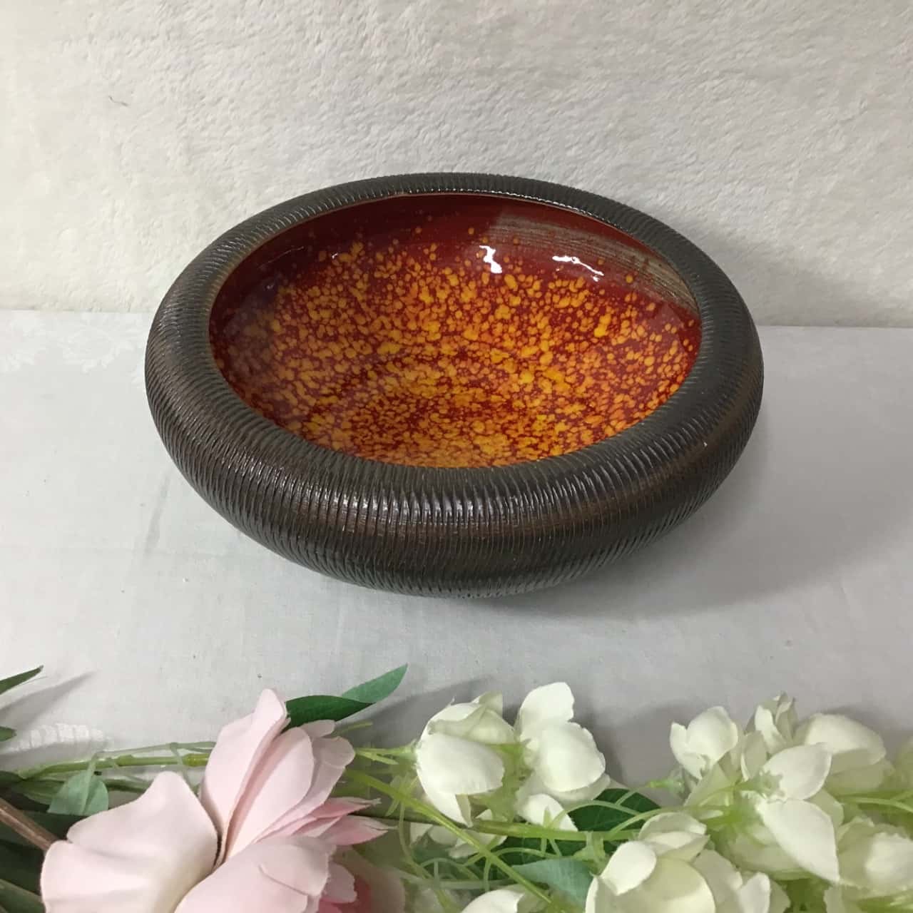 Vintage Poole Studio Brown Textured Round Ceramic Bowl with Red ...