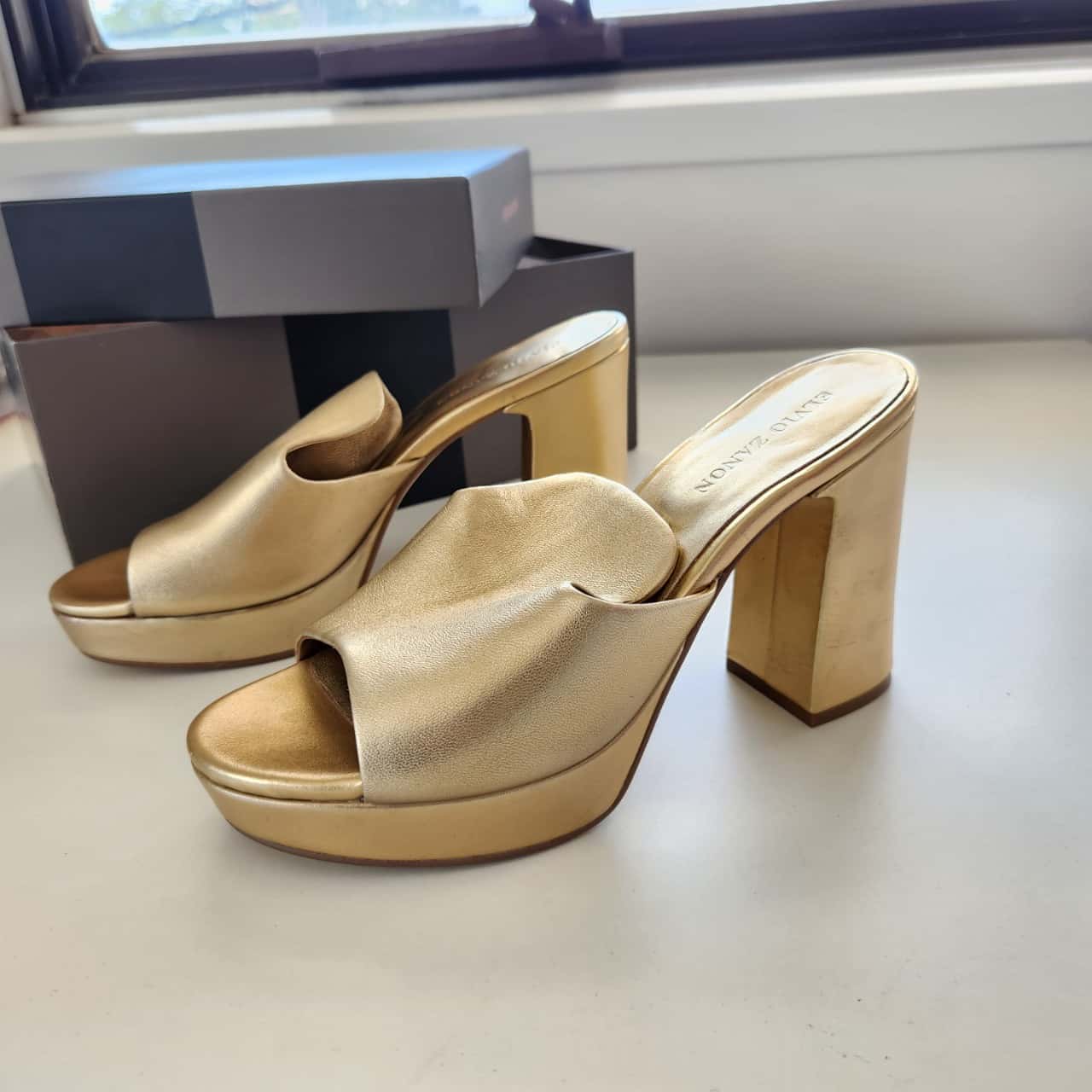 Elvio Zanon Gold Genuine Leather Platform Mules Shoes Size 38/7(s)