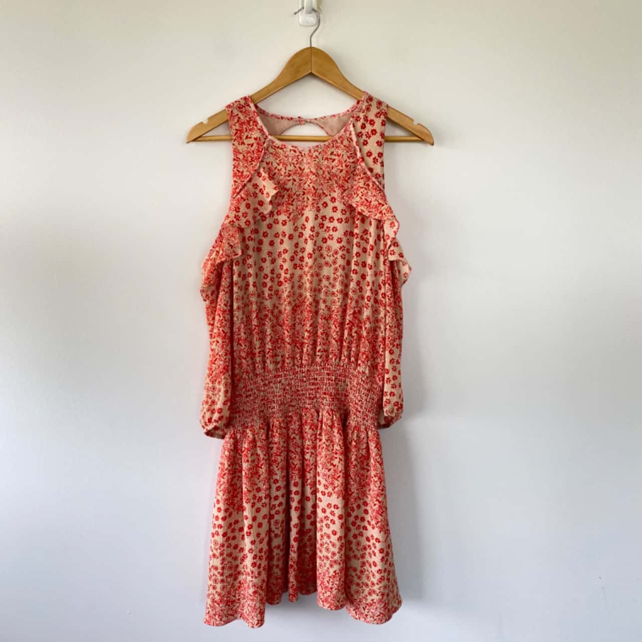 Seed Heritage Beige Red Floral Long Sleeve Shoulder Cut Out Mini Dress ...