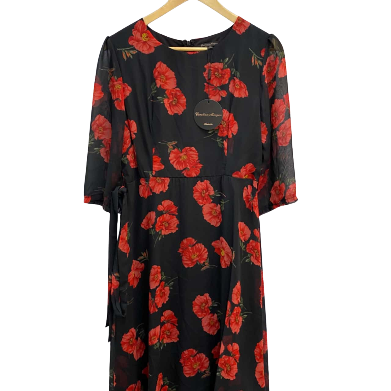 Caroline Morgan Womens Size 12 Floral Black Dress With Belt S