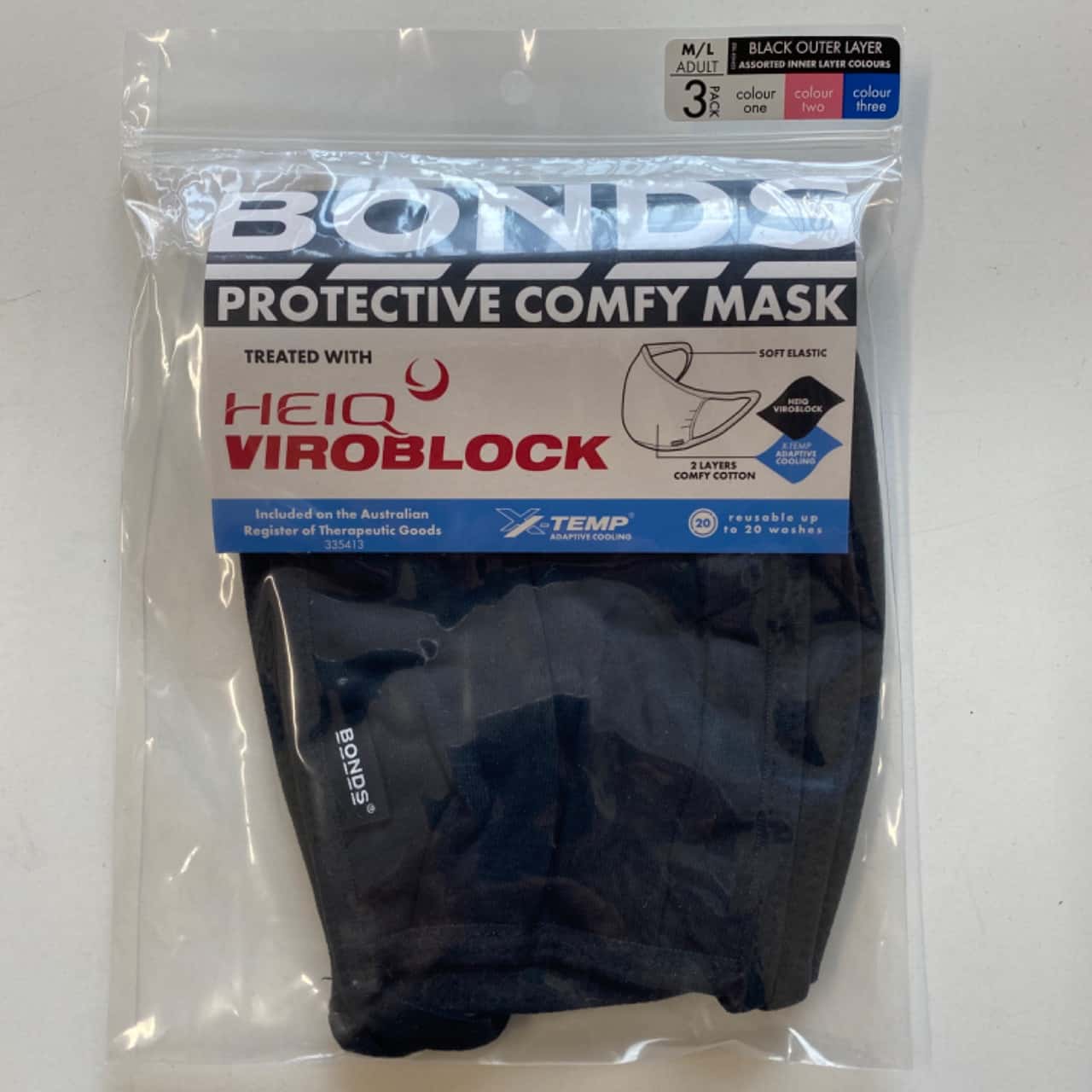 Bonds Protective Comfy Mask 3 Pack Size M/L Black(s)
