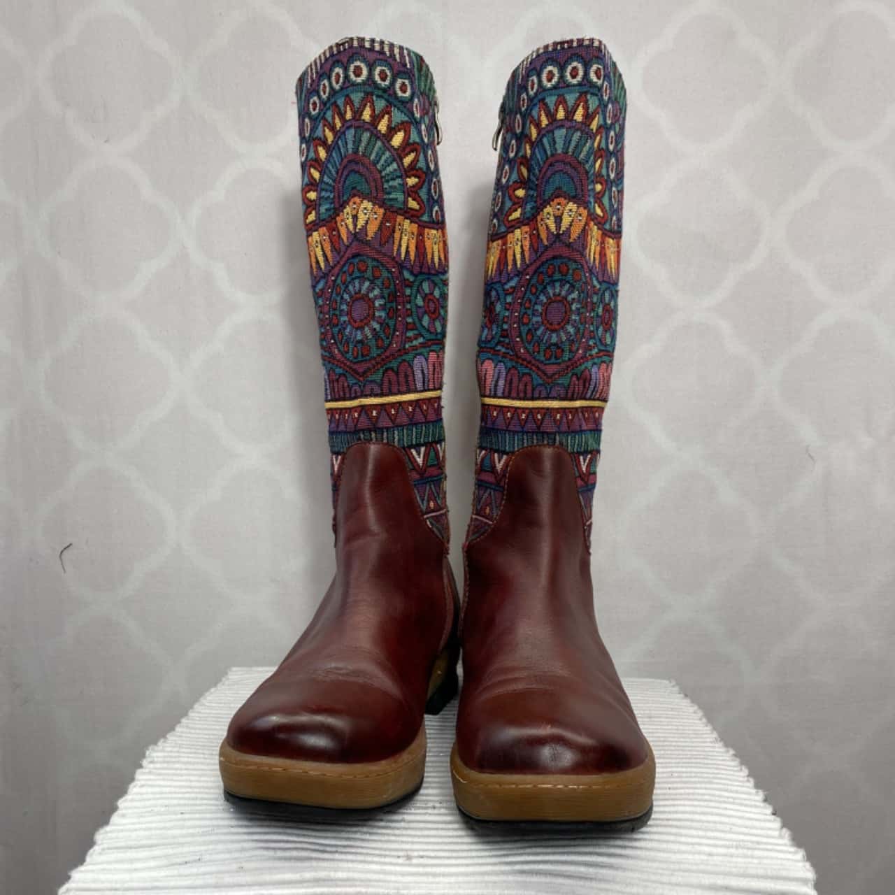 Womens Socofy Size 42 Brown & Multicoloured Embroidered Knee-high Boots(s)
